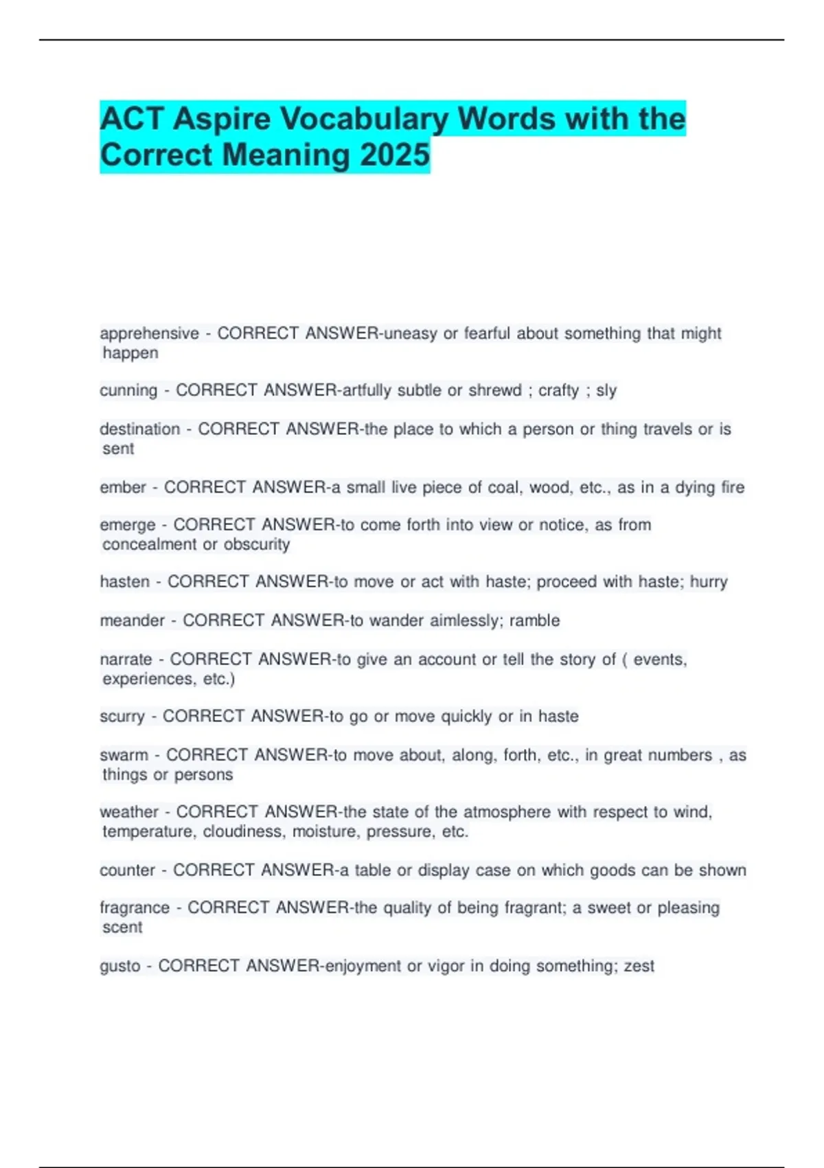 ACT Aspire Vocabulary Words with the Correct Meaning 2025. - ACT Aspire ...