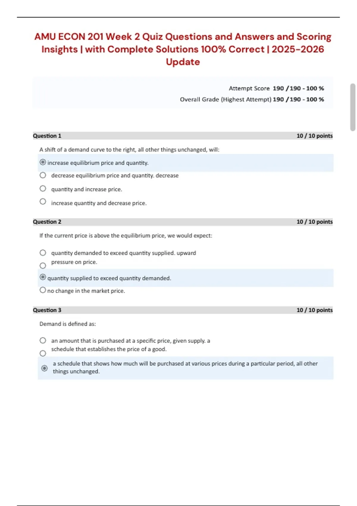 AMU ECON 201 Week 2 Quiz Questions and Answers and Scoring Insights ...