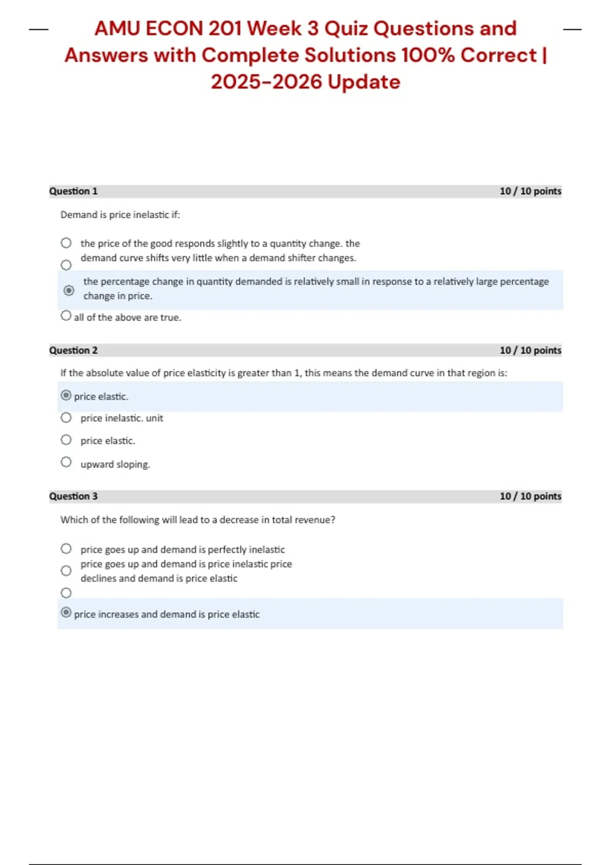 AMU ECON 201 Week 3 Quiz Questions and Answers with Complete Solutions ...