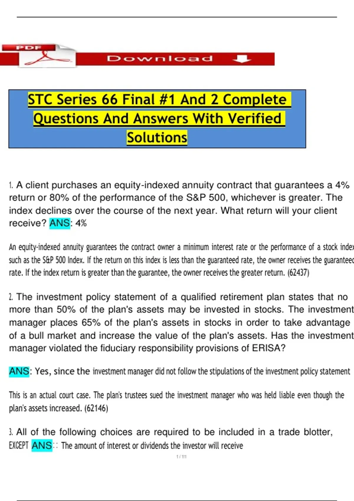 STC Series 66 Final #1 And 2 Complete Questions And Answers With ...