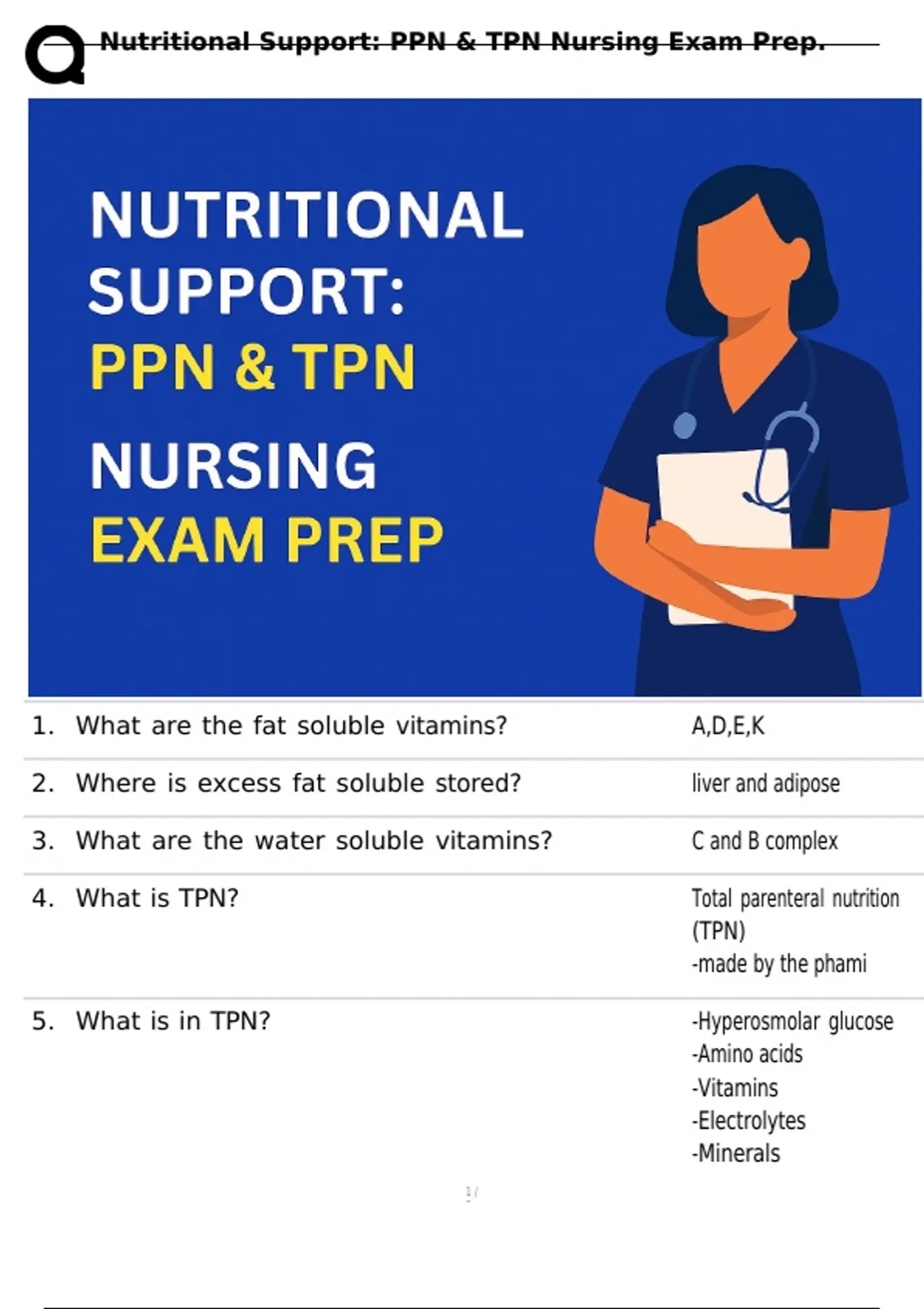 Nutritional Support: PPN & TPN Nursing Exam Prep - TPN - Stuvia US