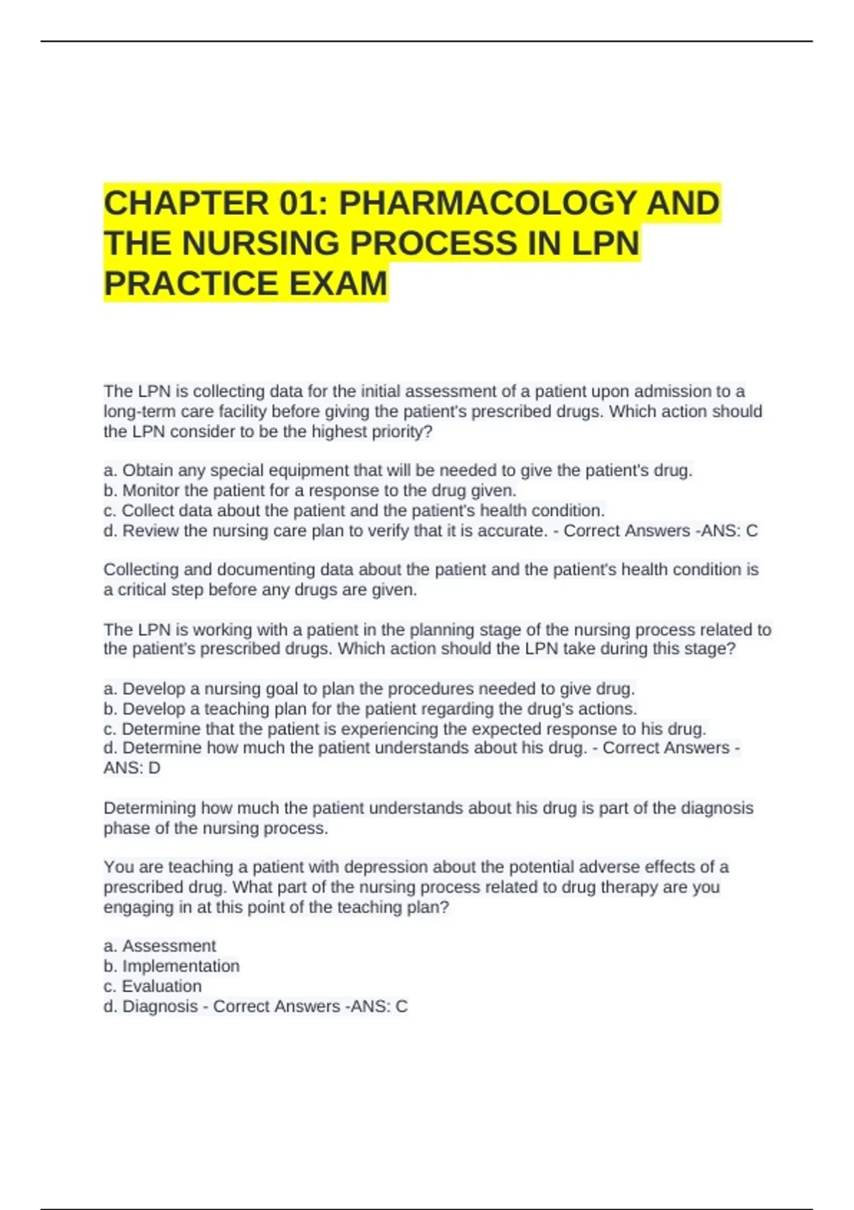 CHAPTER 01 PHARMACOLOGY AND THE NURSING PROCESS IN LPN PRACTICE EXAM ...