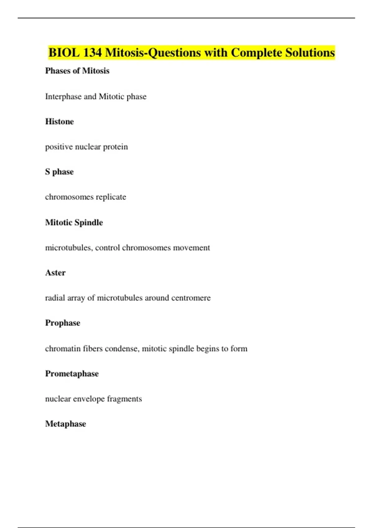BIOL 134 Mitosis-Questions with Complete Solutions - Biology - Stuvia US
