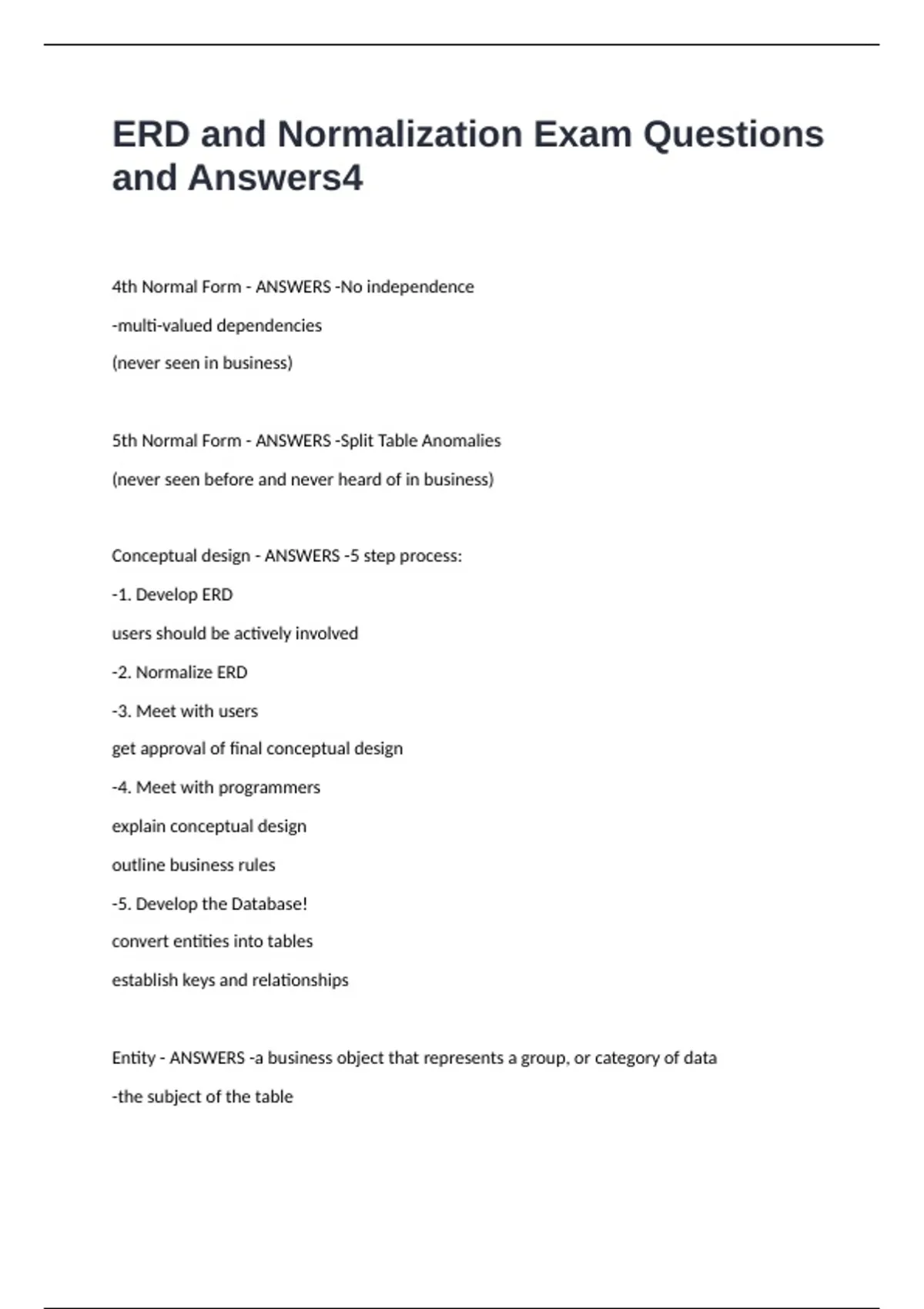 ERD and Normalization Exam Questions and Answers - ERD and Normalization - Stuvia US