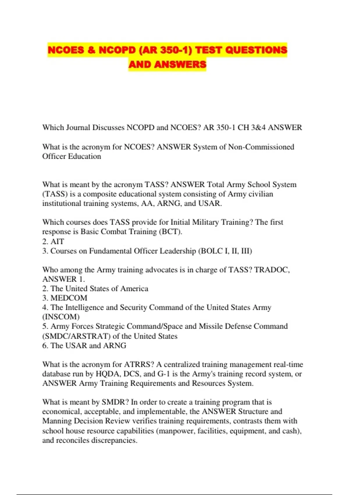 NCOES & NCOPD (AR 350-1) TEST QUESTIONS AND ANSWERS. - NCOES & NCOPD ...