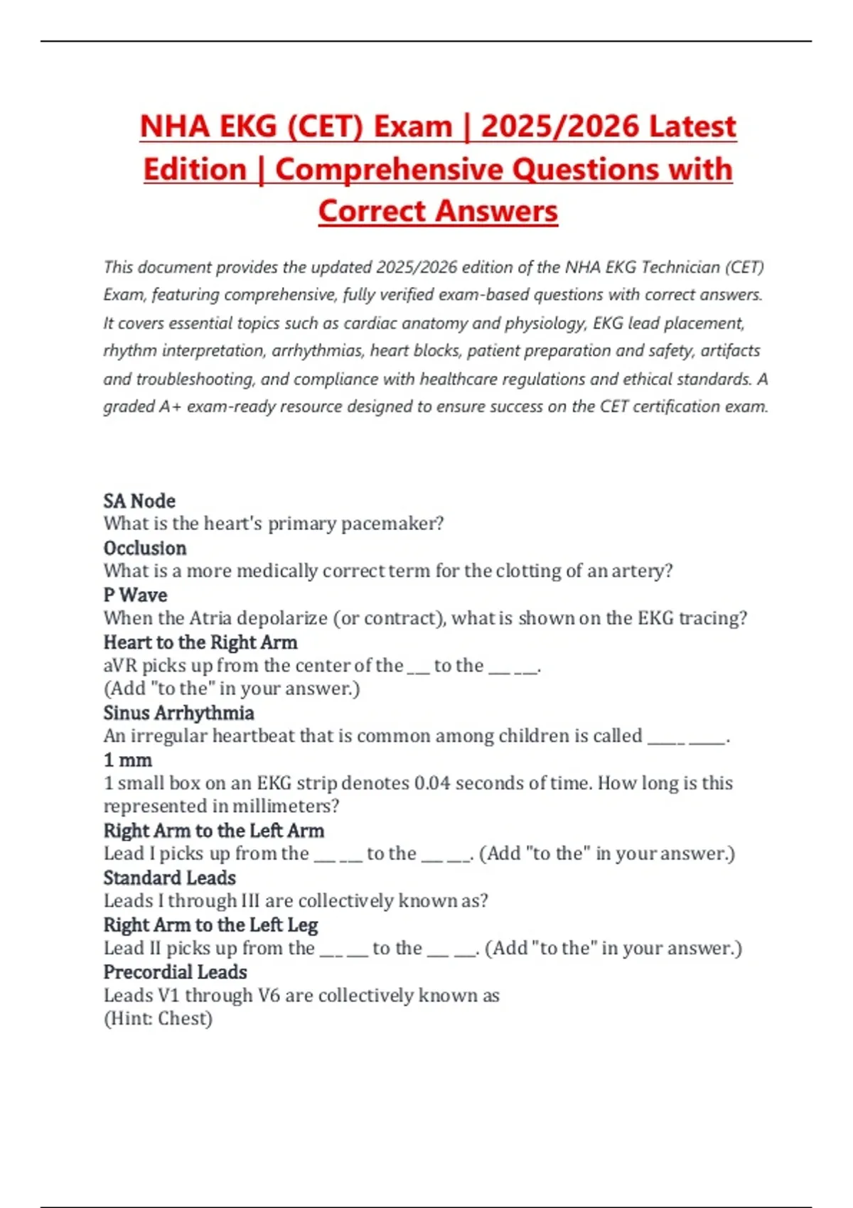 NHA EKG (CET) Exam | 2025/2026 Latest Edition | Comprehensive Questions ...