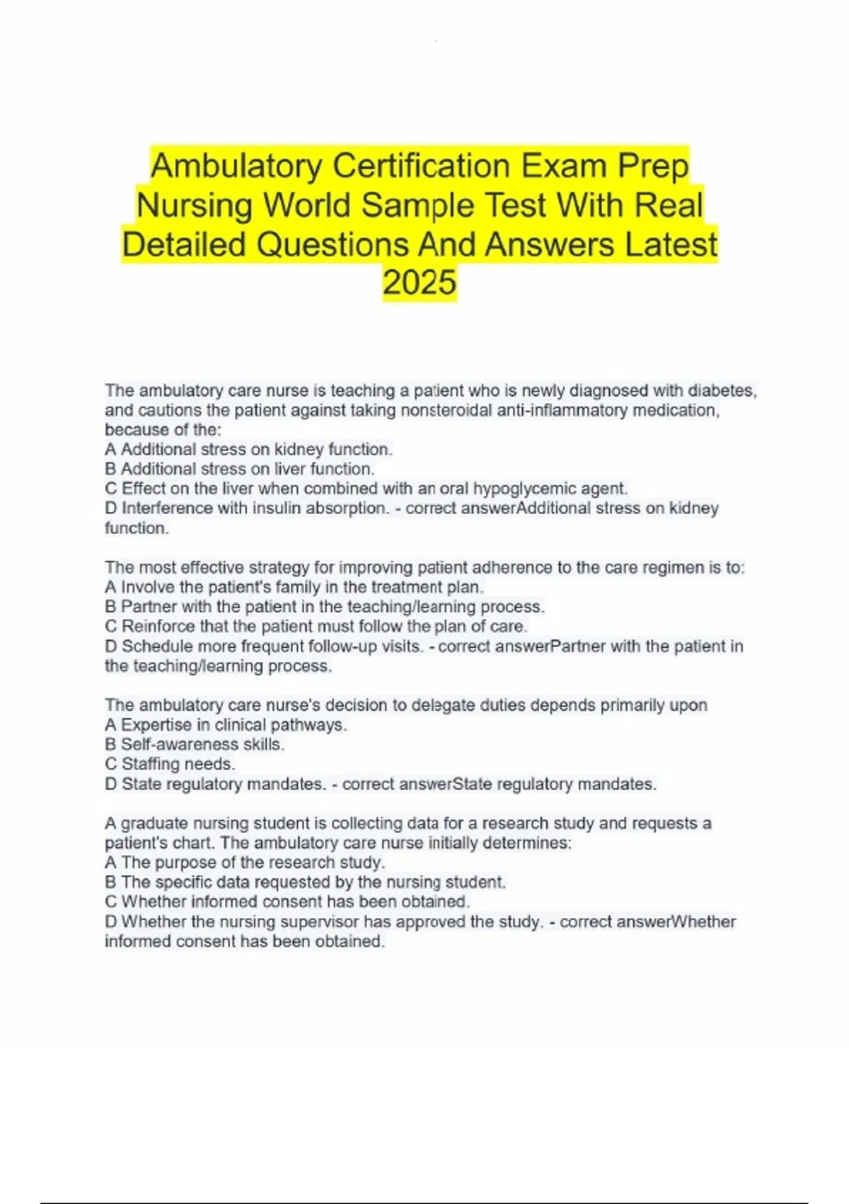 Ambulatory Certification Exam Prep Nursing World Sample Test With Real ...