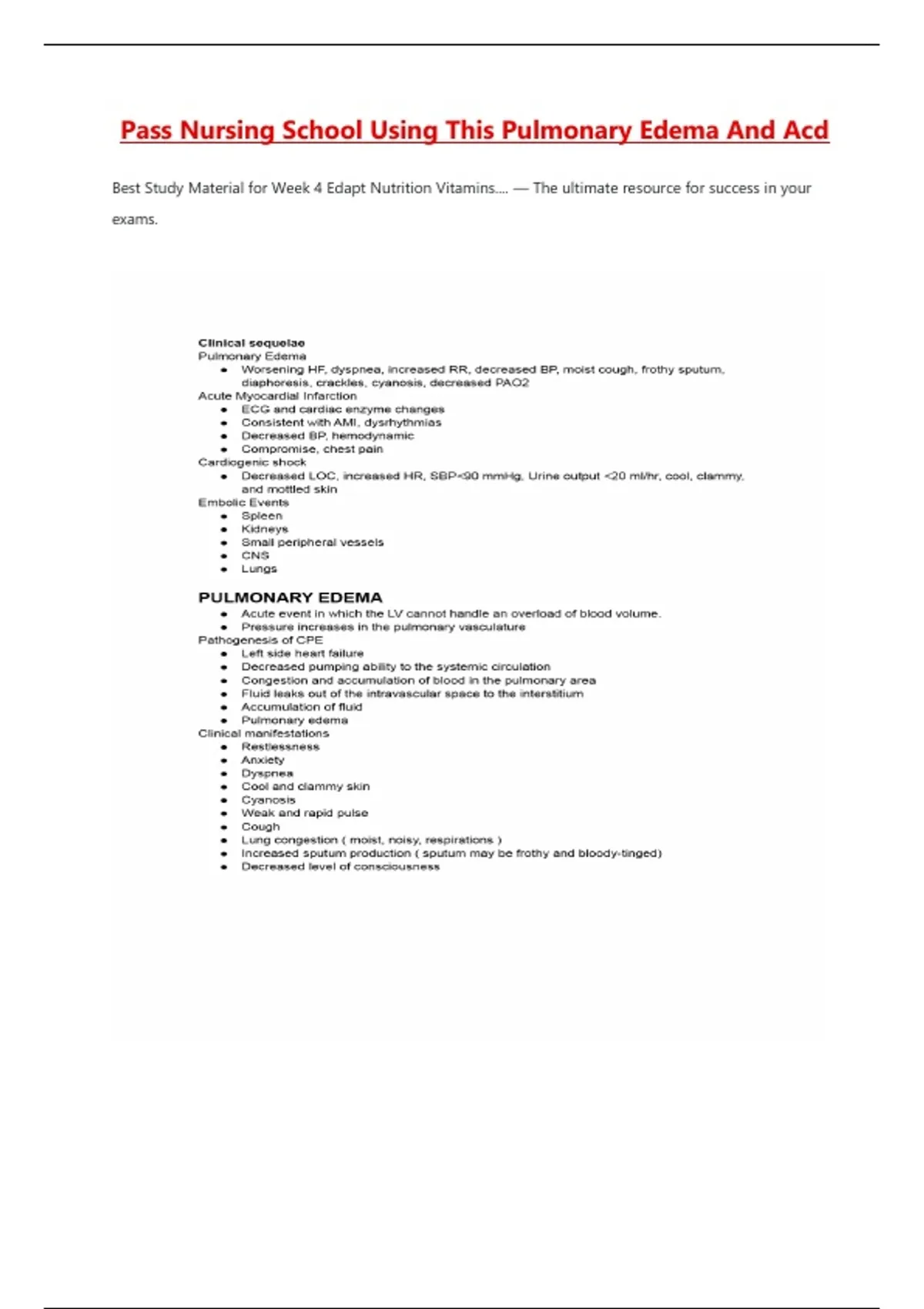 Pass Nursing School Using This Pulmonary Edema And Acd Best Study ...