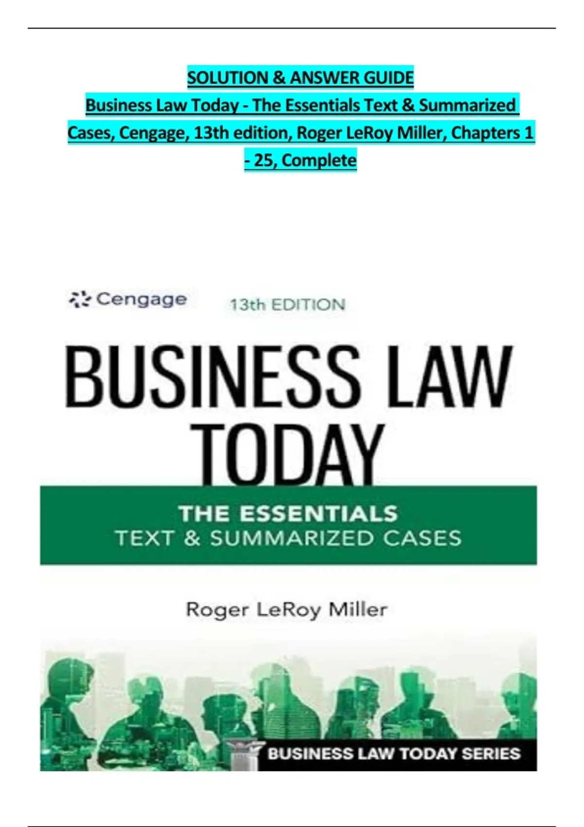 SOLUTION & ANSWER GUIDE Business Law Today - The Essentials Text ...