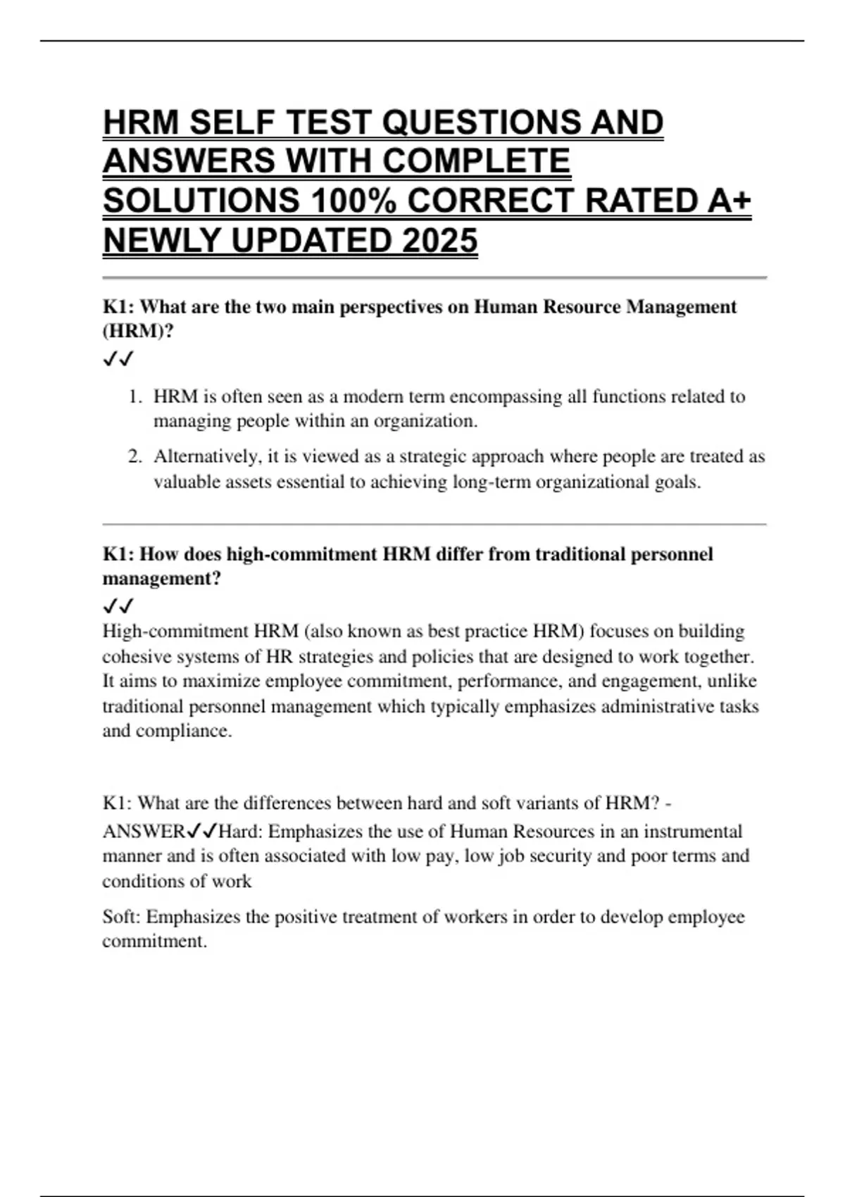 HRM SELF TEST QUESTIONS AND ANSWERS WITH COMPLETE SOLUTIONS 100% ...