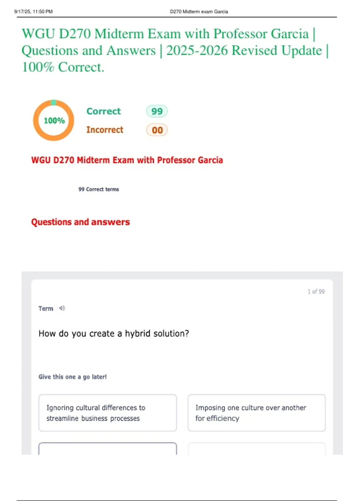 WGU D270 Midterm Exam with Professor Garcia | Questions and Answers ...