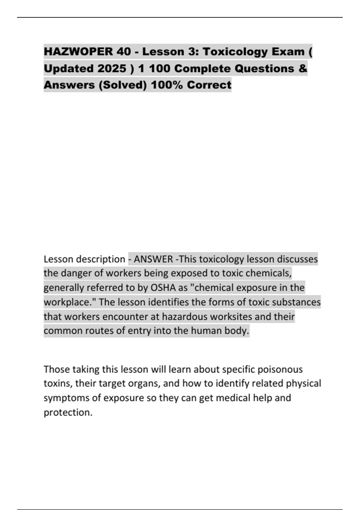 HAZWOPER 40 - Lesson 3: Toxicology Exam ( Updated 2025 ) 1 100 Complete ...