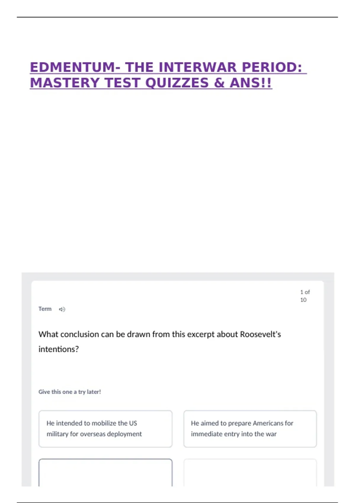 EDMENTUM- THE INTERWAR PERIOD: MASTERY TEST QUIZZES & ANS!! - EDMENTUM ...