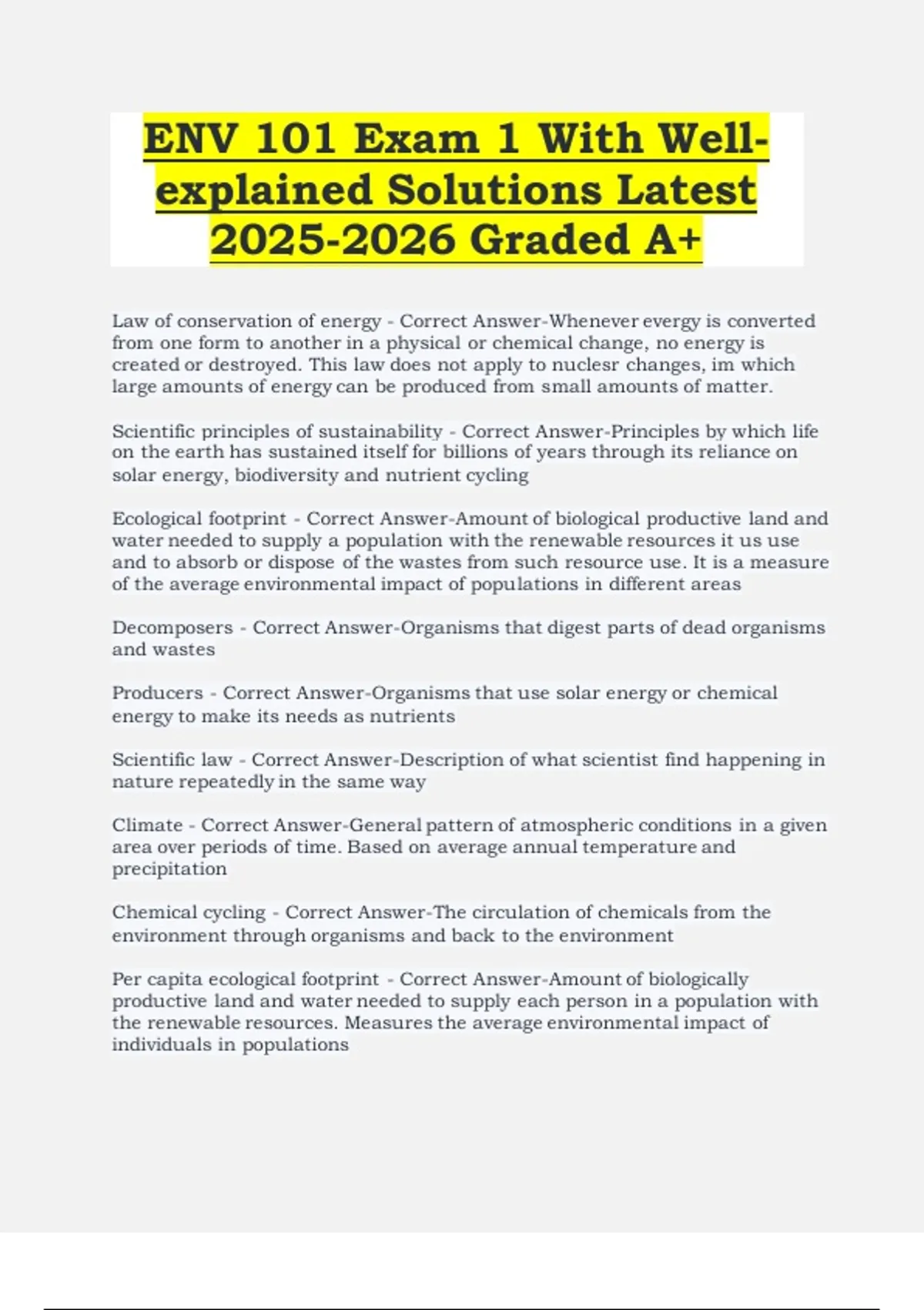 ENV 101 Exam 1 with Well-Explained Solutions (Latest 2025–2026 ...
