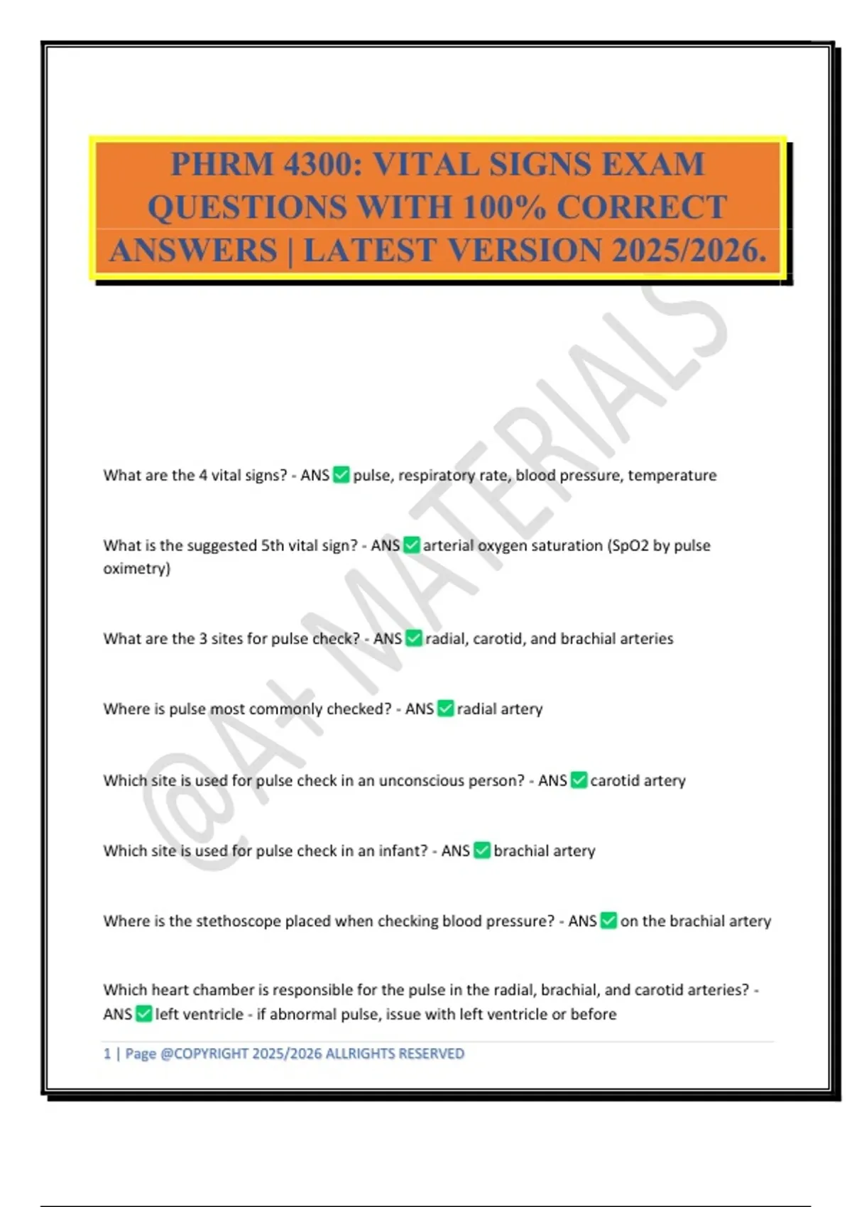 PHRM 4300: VITAL SIGNS EXAM QUESTIONS WITH 100% CORRECT ANSWERS ...