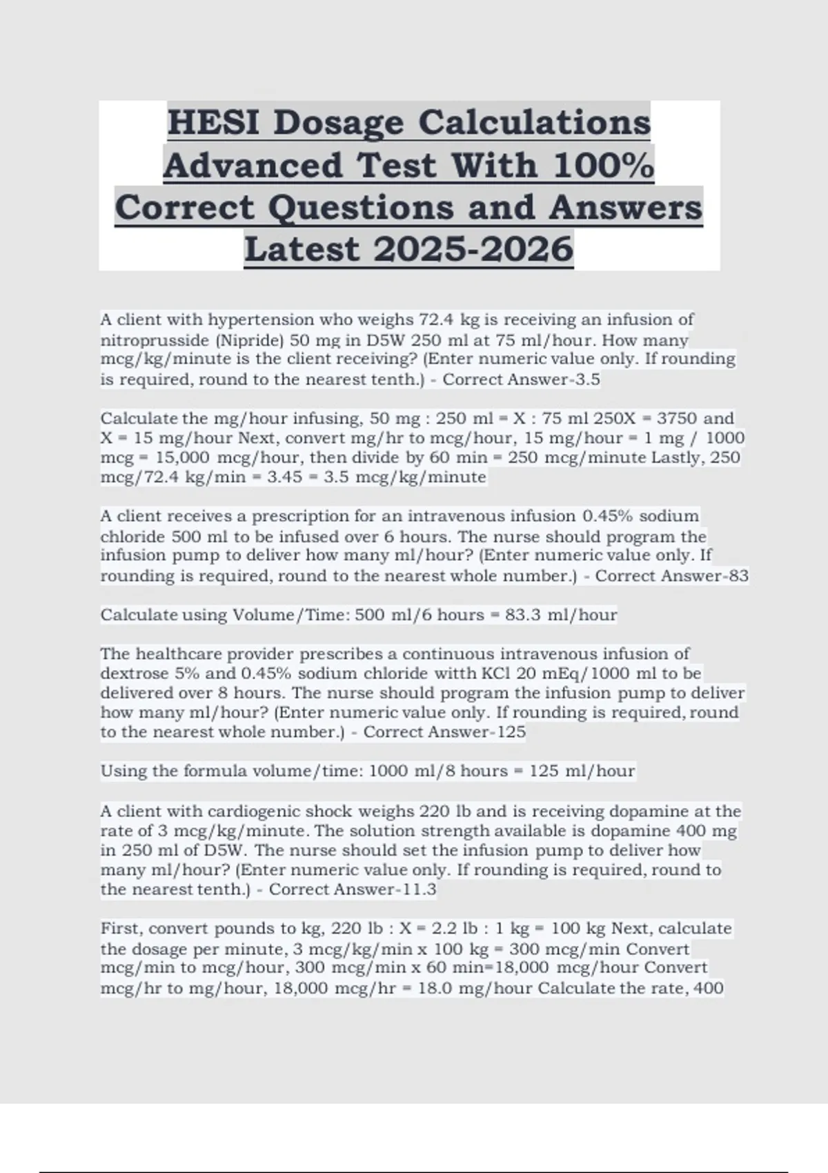 HESI Dosage Calculations Advanced Test with 100% Correct Questions and ...