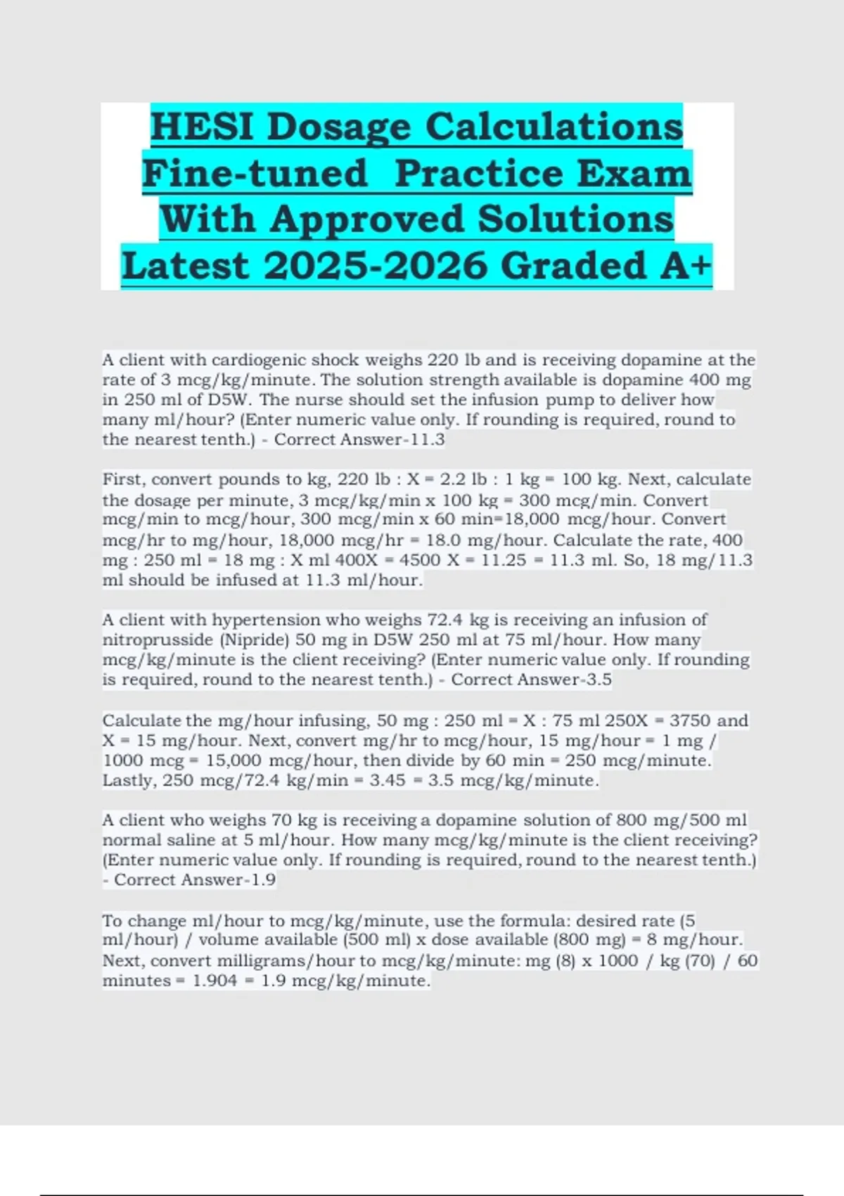 HESI Dosage Calculations Fine-Tuned Practice Exam with Approved ...