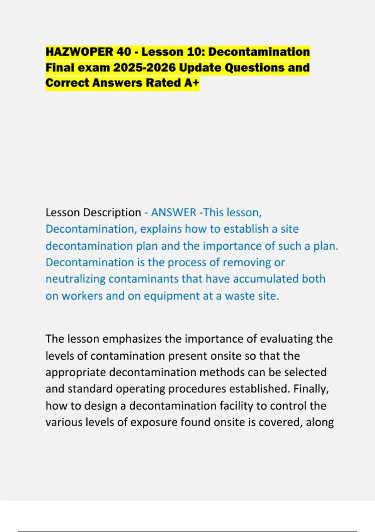 HAZWOPER 40 - Lesson 10: Decontamination Final exam Update Questions ...