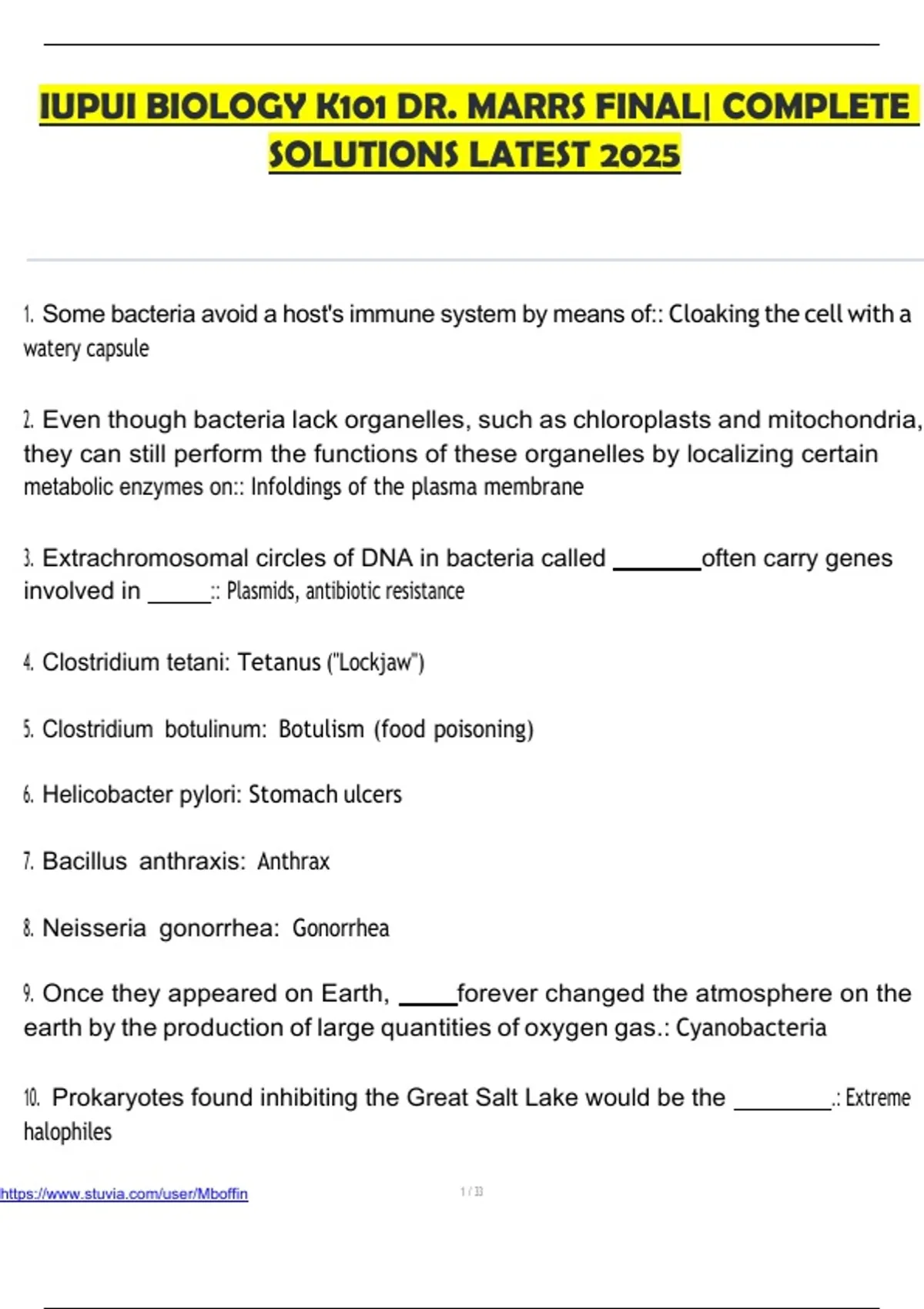 IUPUI BIOLOGY K101 DR. MARRS FINAL| COMPLETE SOLUTIONS LATEST 2025 ...