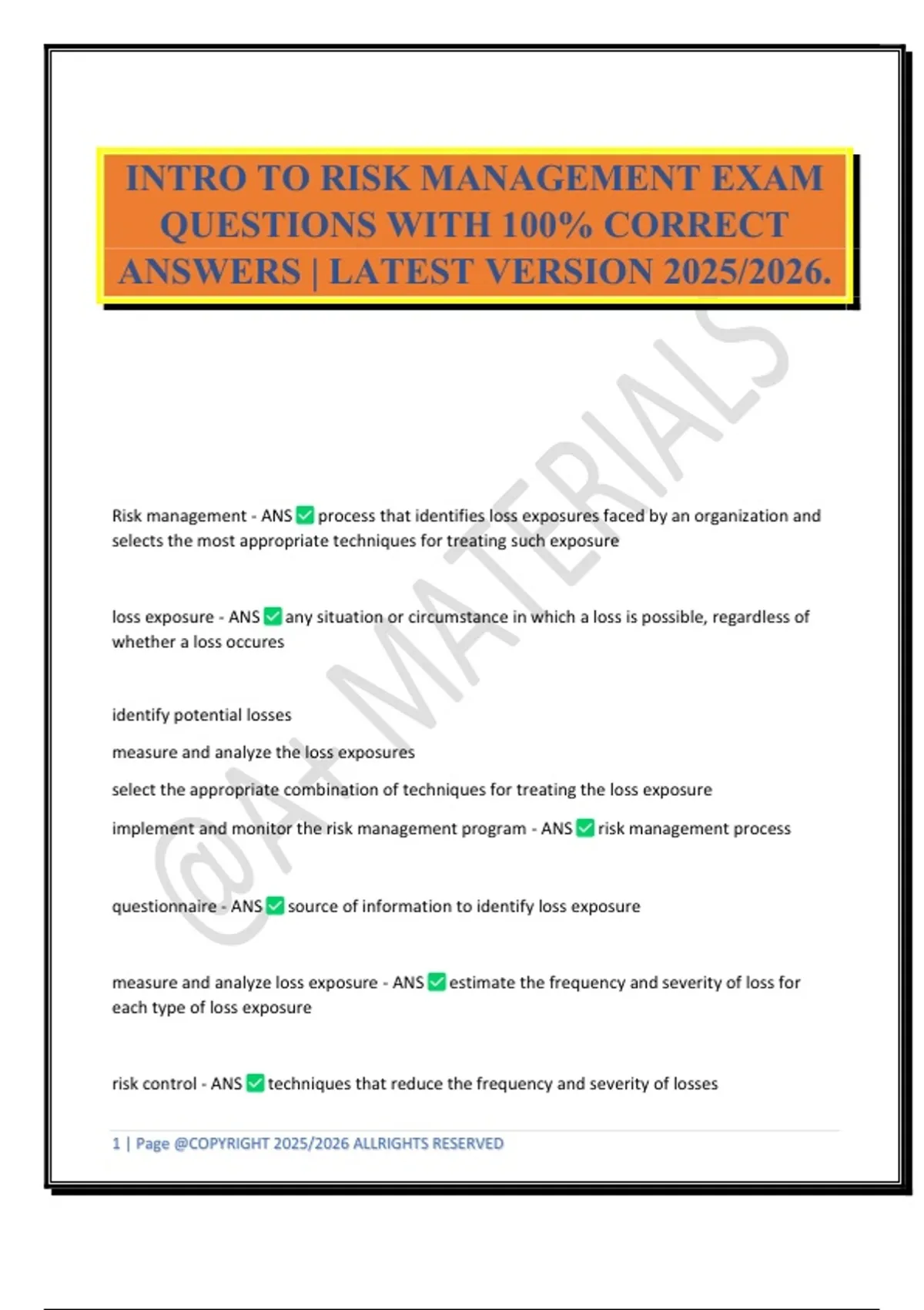 INTRO TO RISK MANAGEMENT EXAM QUESTIONS WITH 100% CORRECT ANSWERS ...