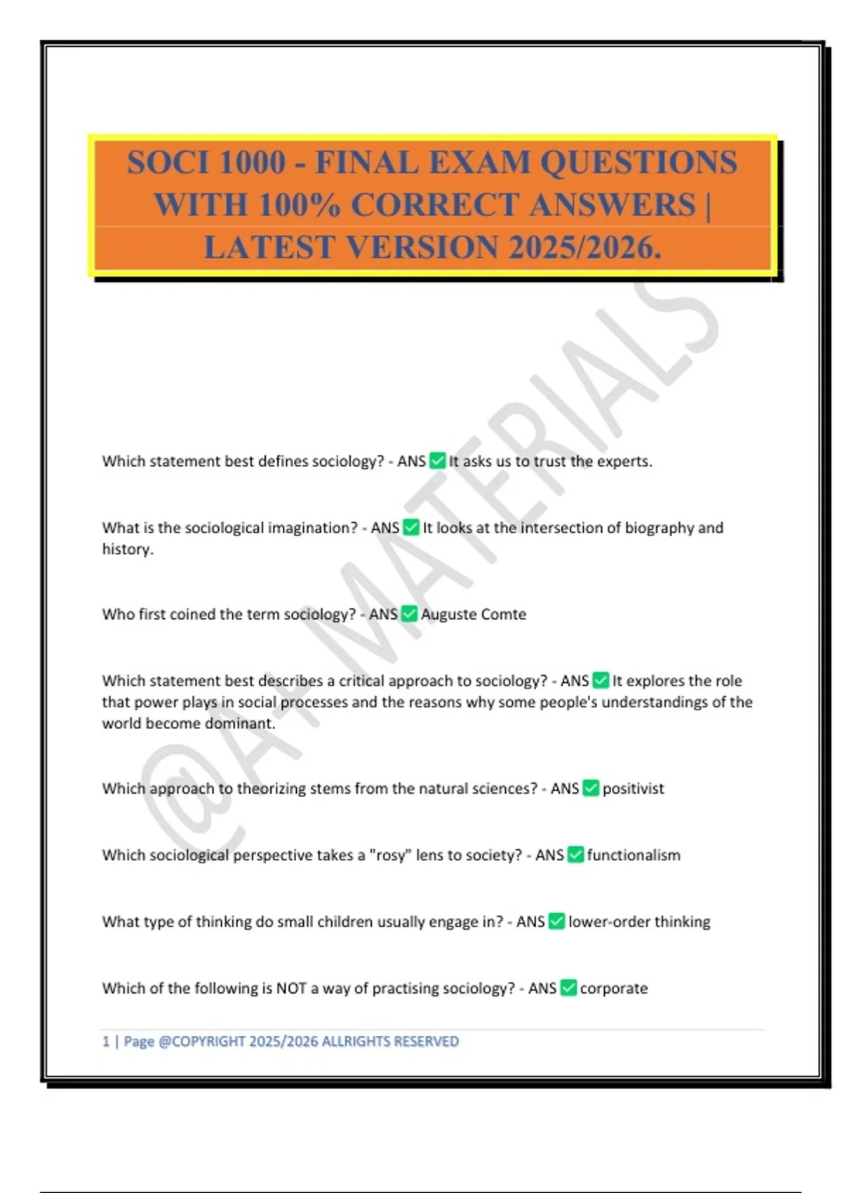 SOCI 1000 - FINAL EXAM QUESTIONS WITH 100% CORRECT ANSWERS | LATEST ...