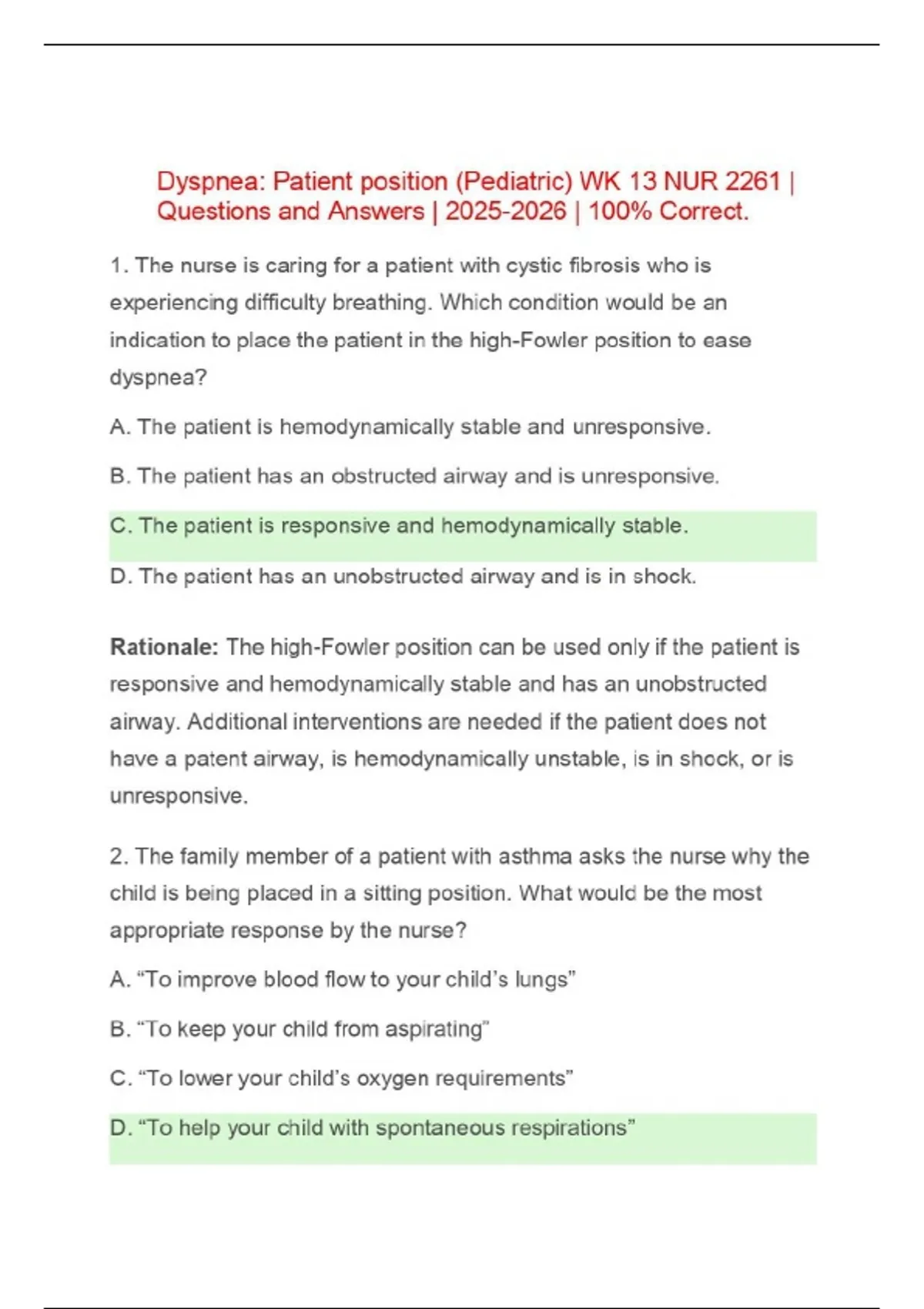 Dyspnea: Patient position (Pediatric) WK 13 NUR 2261 | Questions and ...