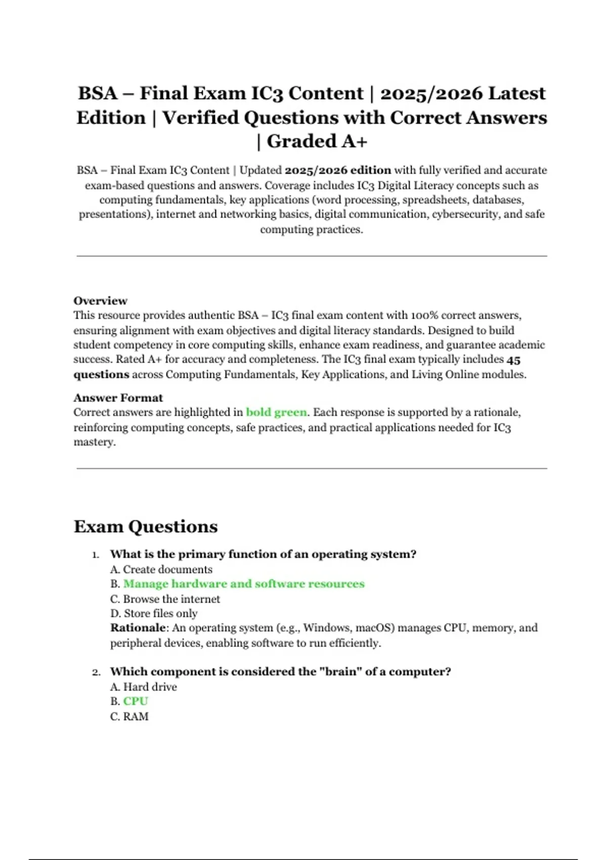 BSA – Final Exam IC3 Content | 2025/2026 Latest Edition | Verified ...