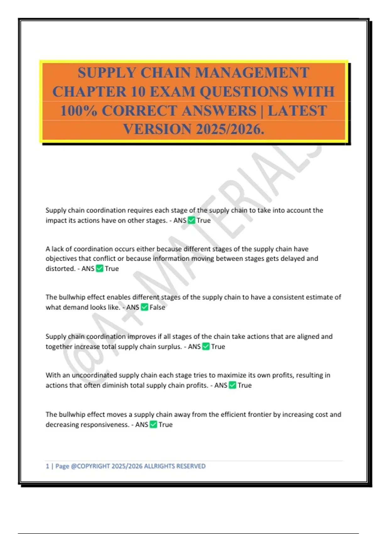 SUPPLY CHAIN MANAGEMENT CHAPTER 10 EXAM QUESTIONS WITH 100% CORRECT ...