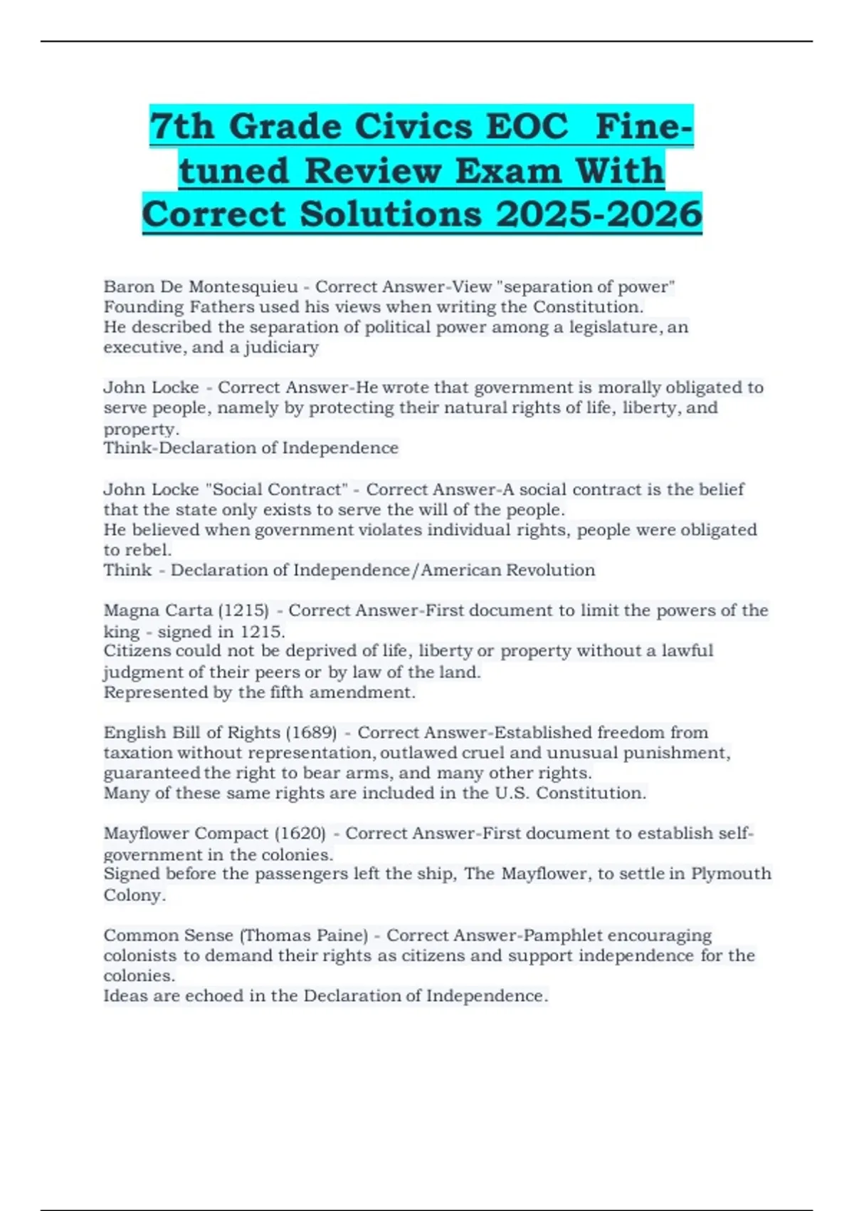 7th Grade Civics EOC – Fine-Tuned Review Exam with Correct Solutions ...