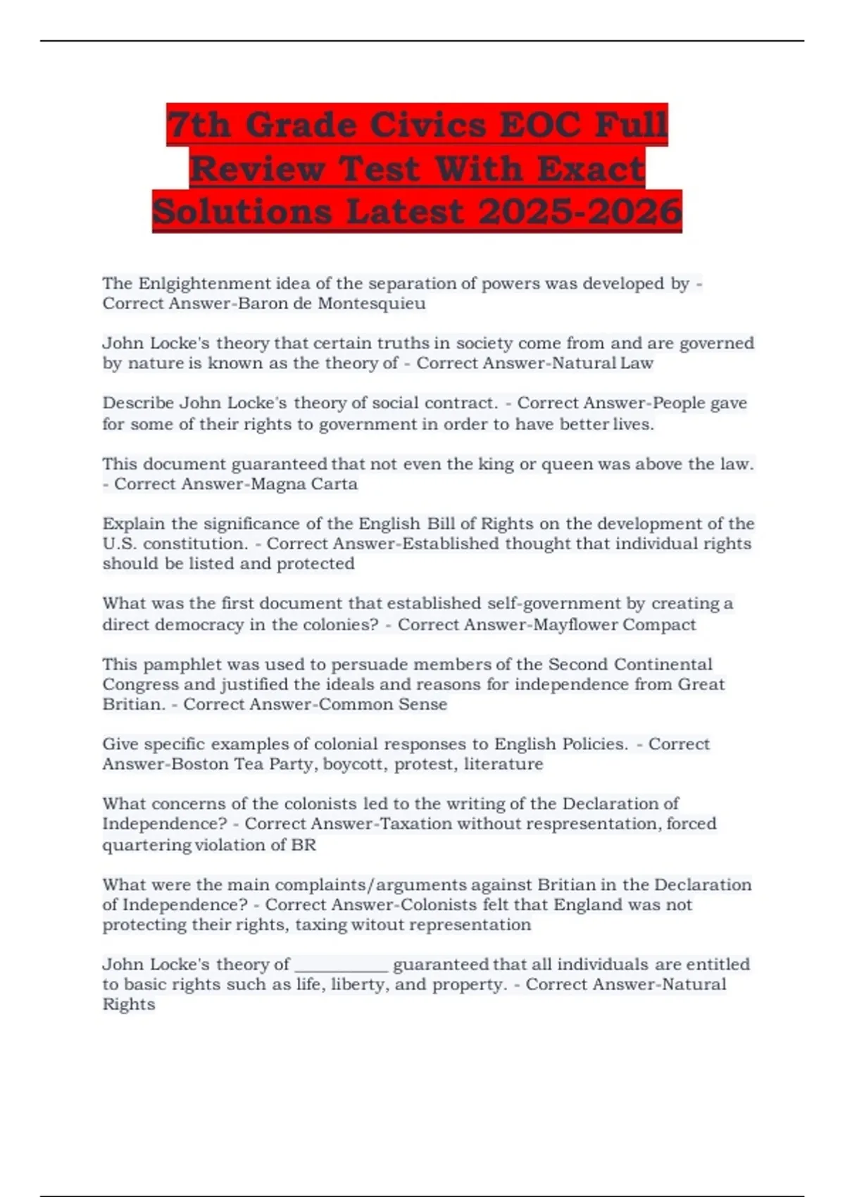 7th Grade Civics EOC – Full Review Test with Exact Solutions - 7th ...