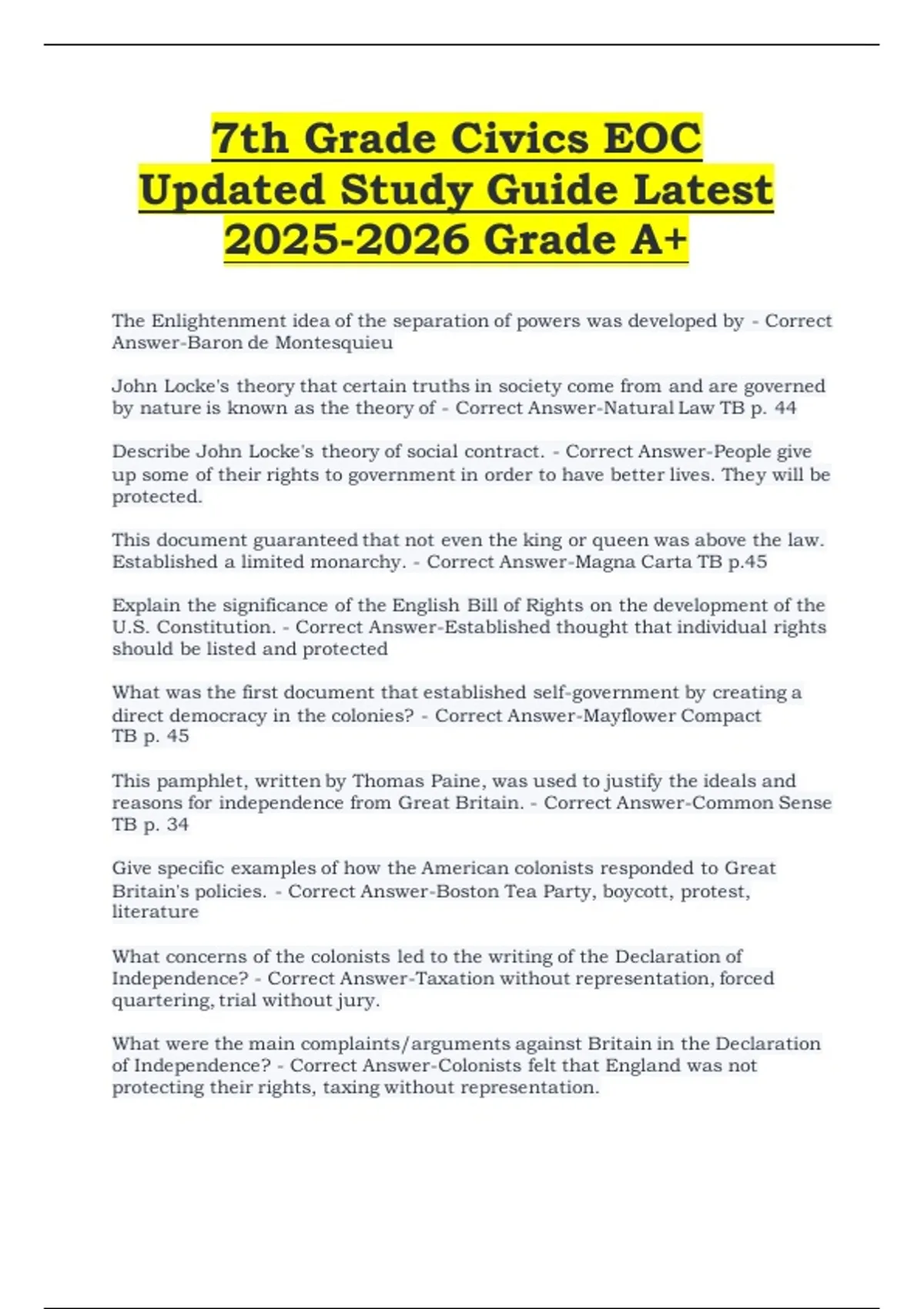 7th Grade Civics EOC – Updated Study Guide Graded A+ - 7th Grade Civics EOC Updated Stu - Stuvia US