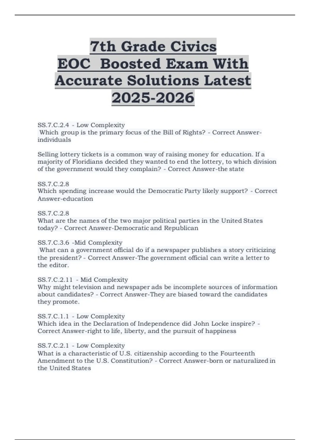 7th Grade Civics EOC – Boosted Exam with Accurate Solutions - 7th Grade ...