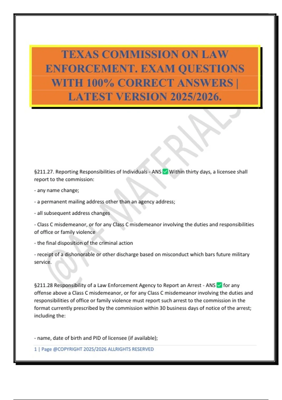 TEXAS COMMISSION ON LAW ENFORCEMENT. EXAM QUESTIONS WITH 100% CORRECT ...