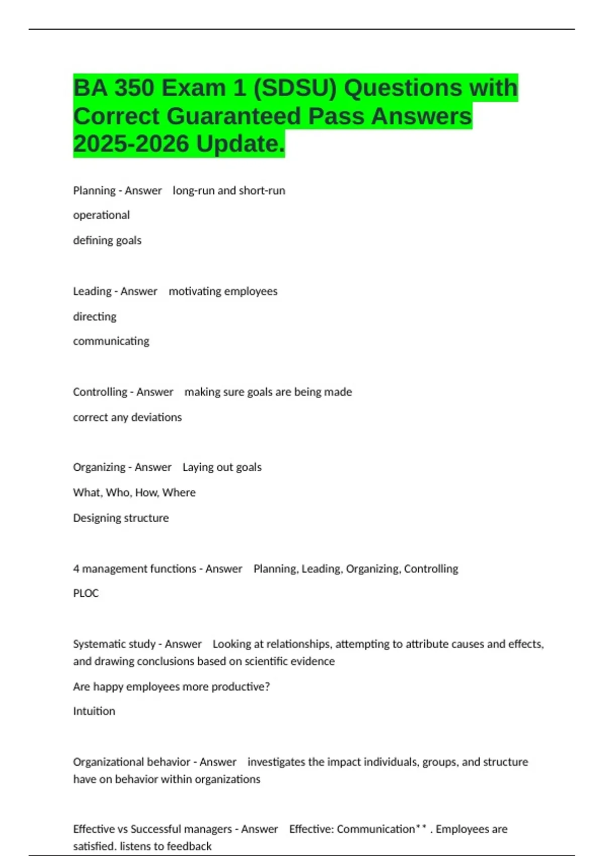 BA 350 Exam 1 (SDSU) Questions with Correct Guaranteed Pass Answers ...