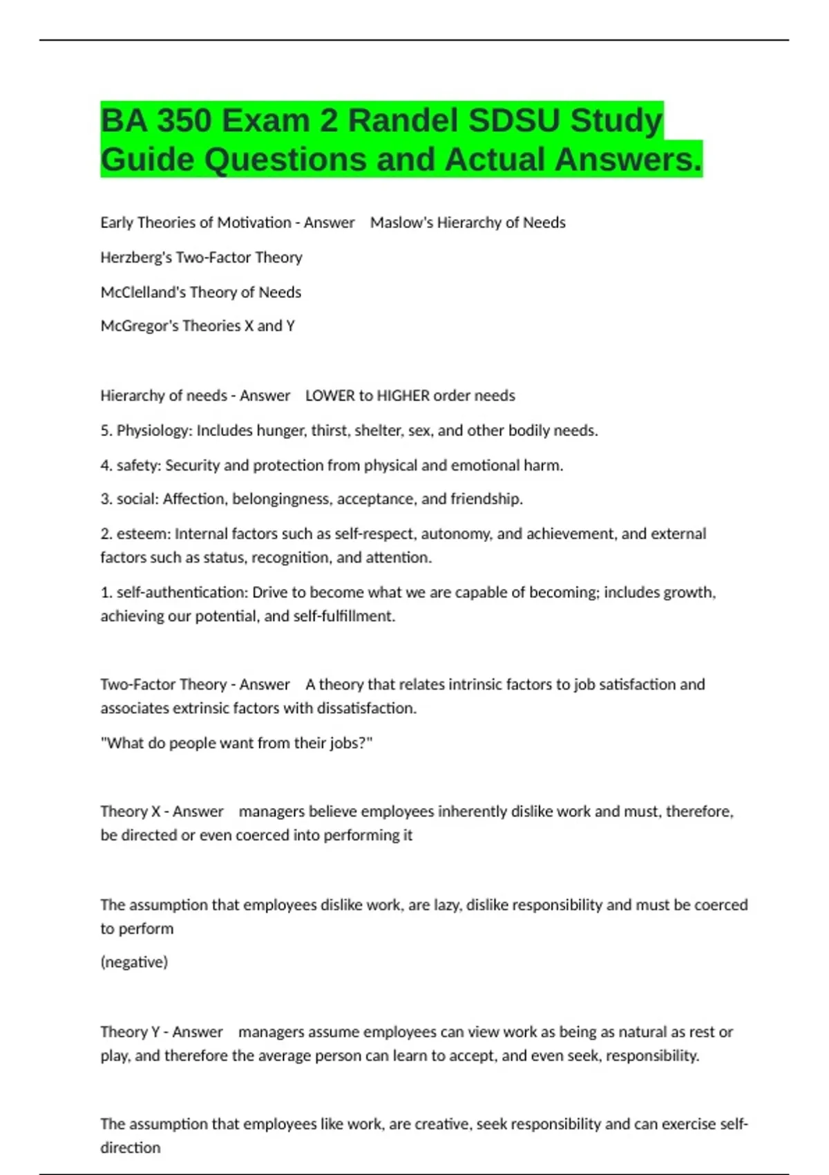 BA 350 Exam 2 Randel SDSU Study Guide Questions and Actual Answers ...