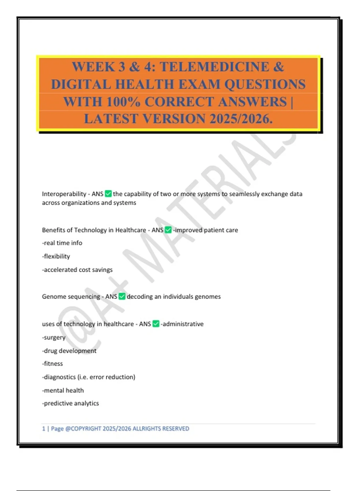 WEEK 3 & 4: TELEMEDICINE & DIGITAL HEALTH EXAM QUESTIONS WITH 100% ...