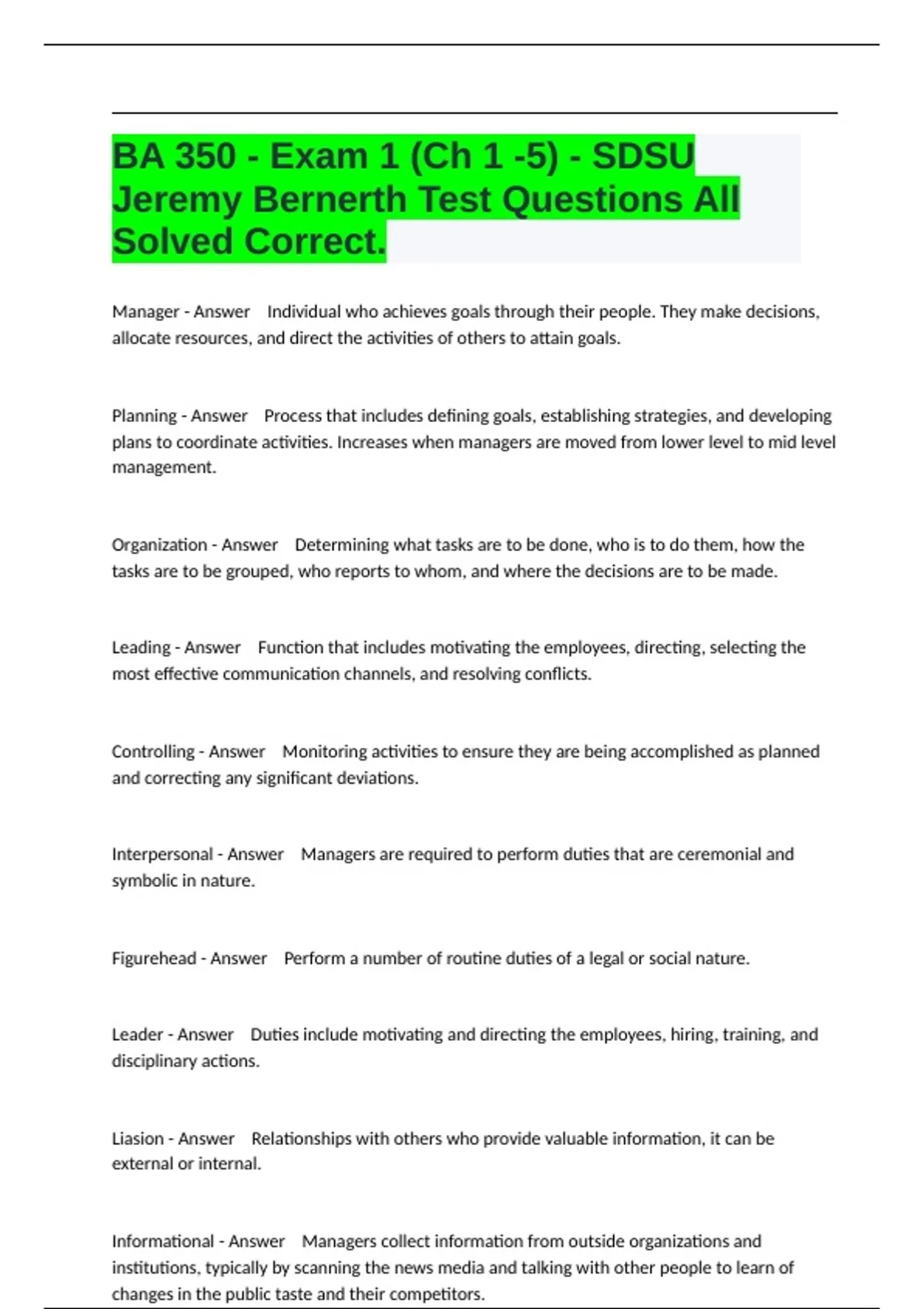 BA 350 - Exam 1 (Ch 1 -5) - SDSU Jeremy Bernerth Test Questions All ...