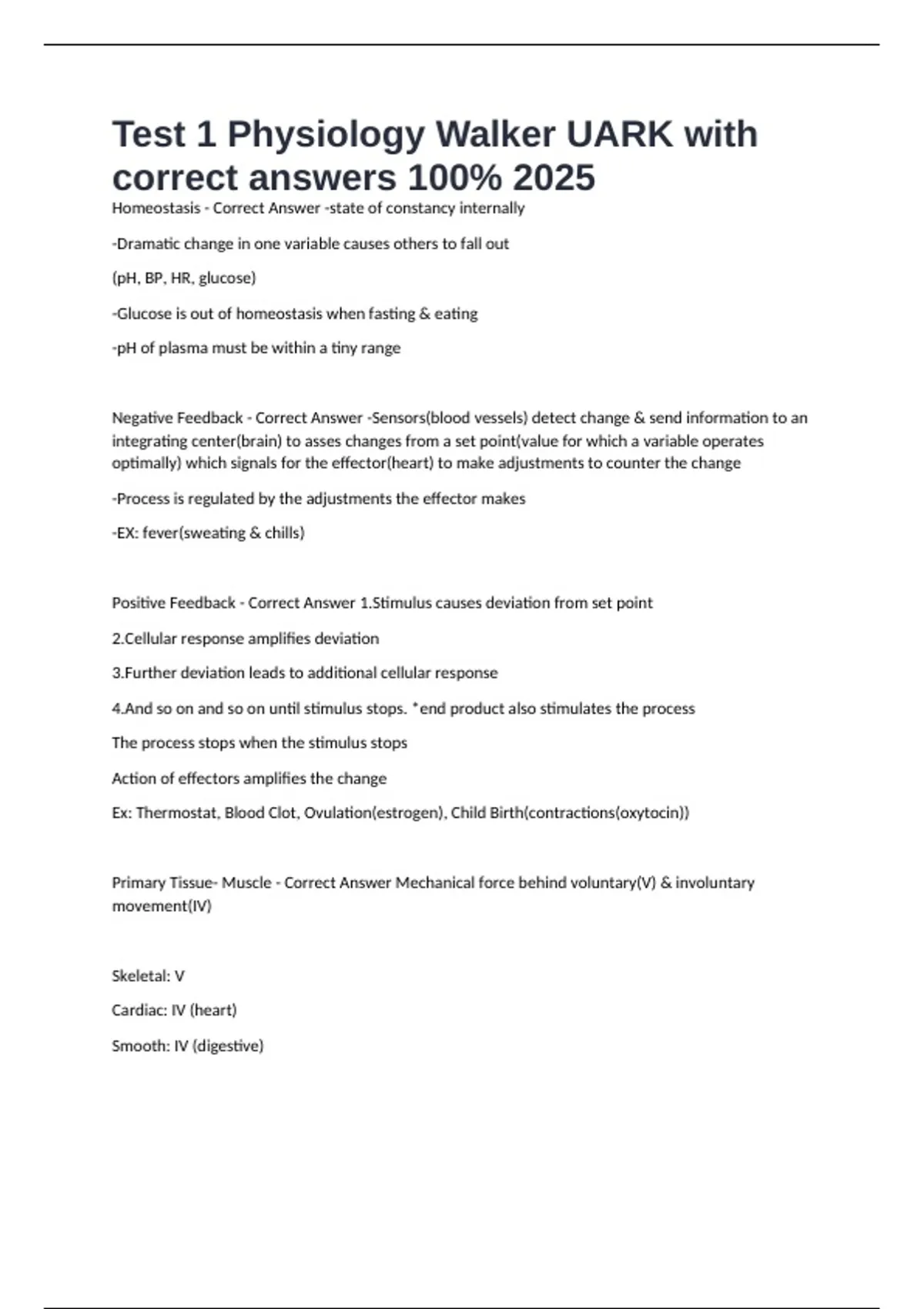Test 1 Physiology Walker UARK with correct answers 100% 2025 - Human ...