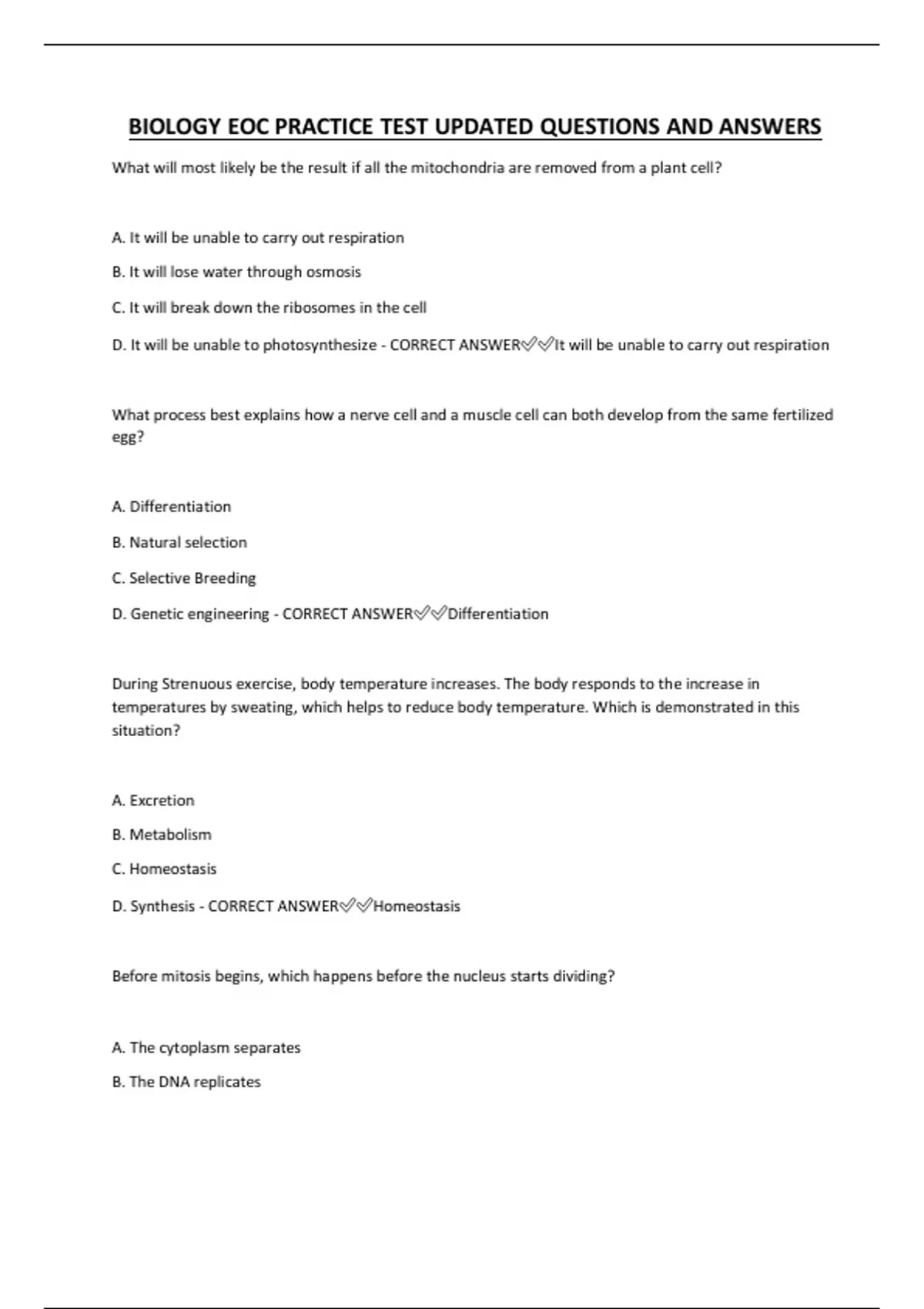 BIOLOGY EOC PRACTICE TEST UPDATED QUESTIONS AND ANSWERS - BIOLOGY EOC ...
