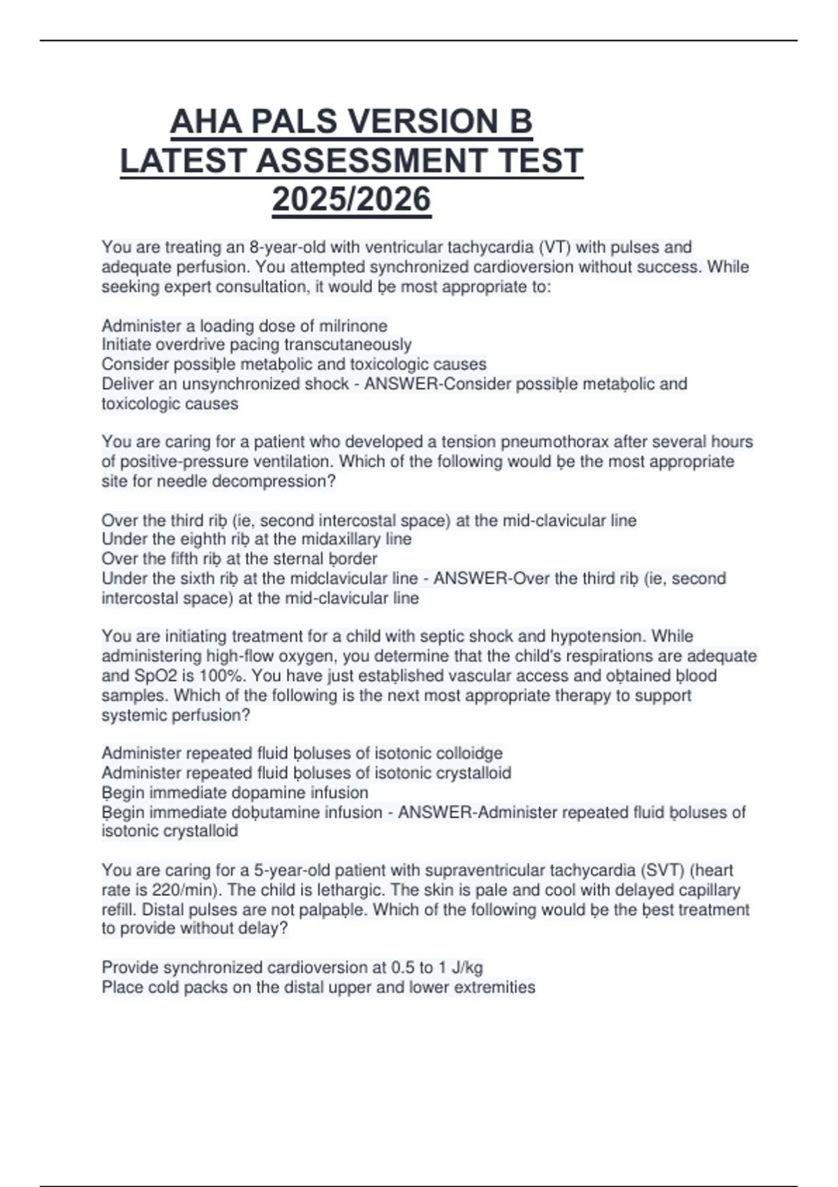AHA PALS VERSION B LATEST ASSESSMENT TEST 2025/2026 - AHA PALS - Stuvia US