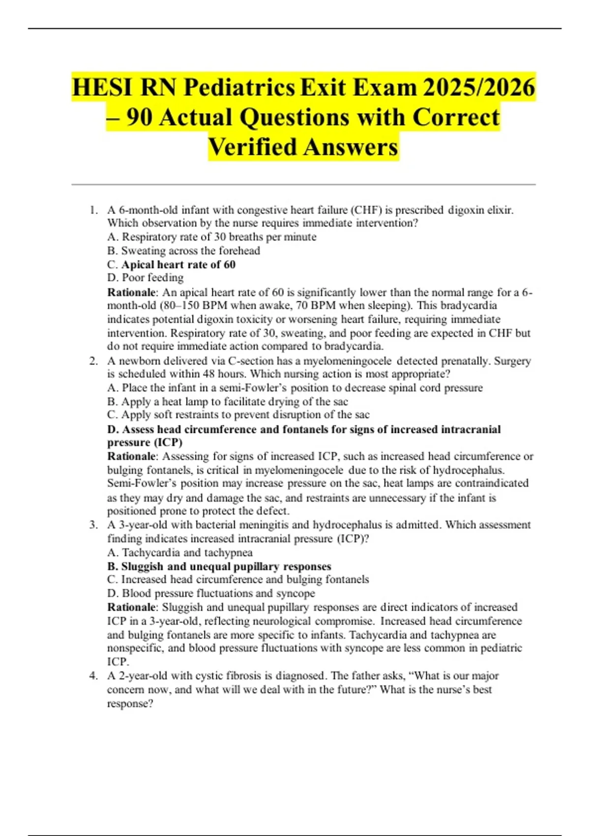 HESI RN Pediatrics Exit Exam 2025/2026 – 90 Actual Questions with ...