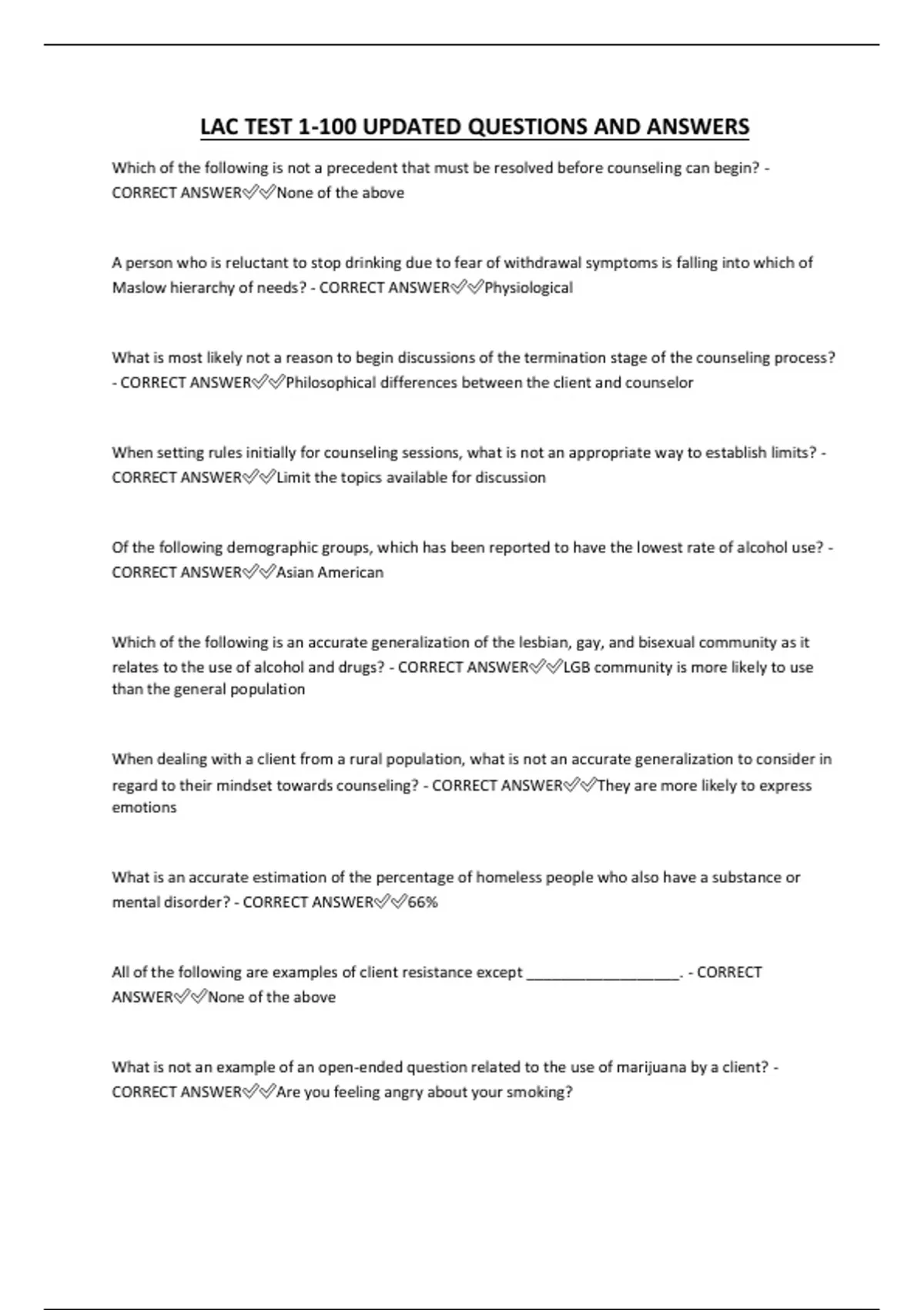 LAC TEST 1-100 UPDATED QUESTIONS AND ANSWERS - LAC - Stuvia US