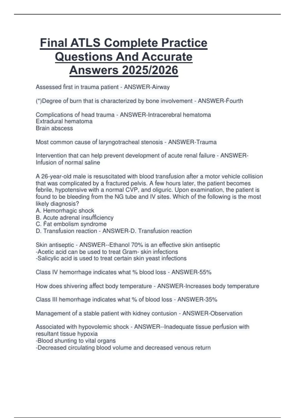 Final ATLS Complete Practice Questions And Accurate Answers 2025/2026 ...