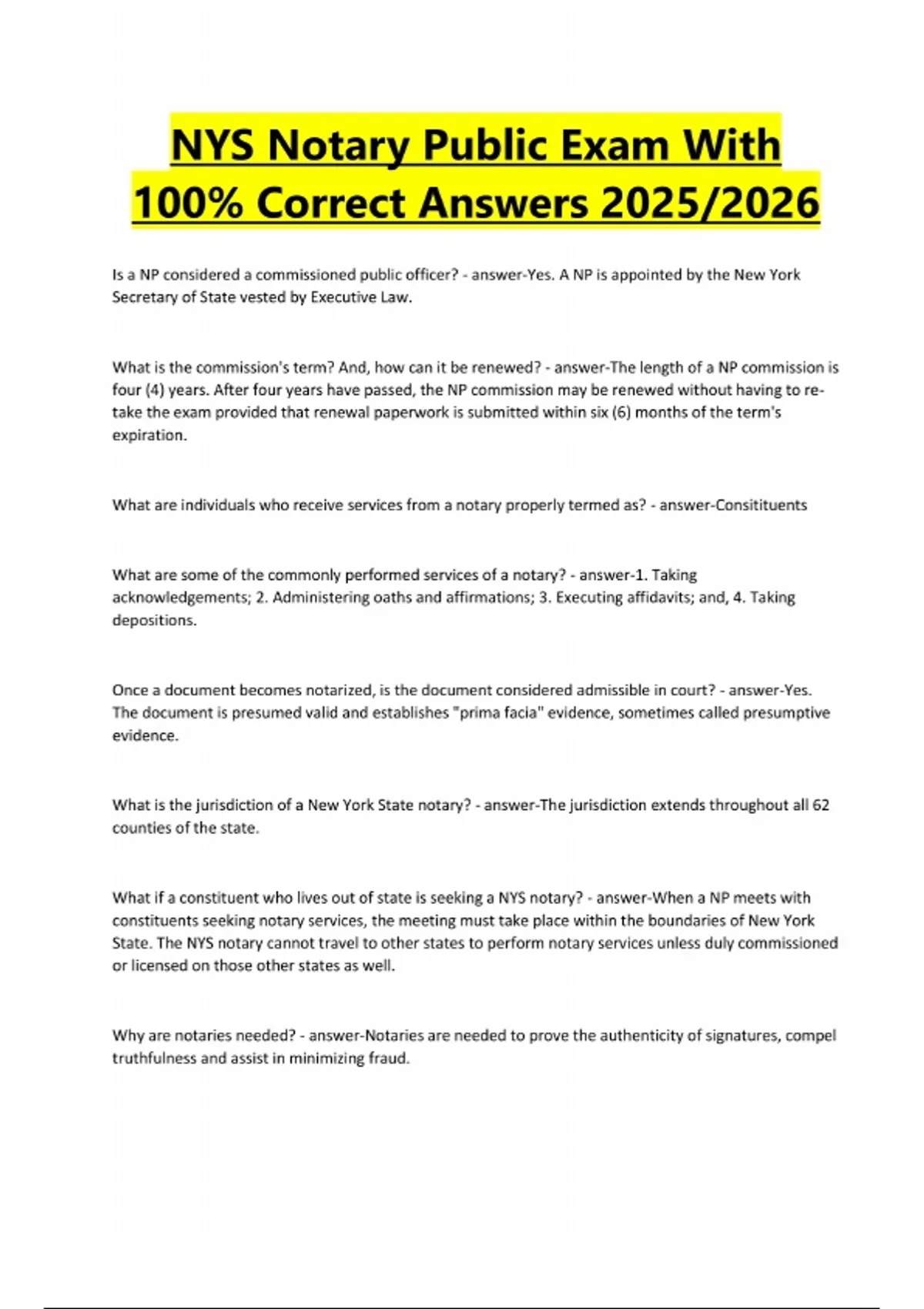 NYS Notary Public Exam With 100% Correct Answers 2025/2026 - Nys notary ...