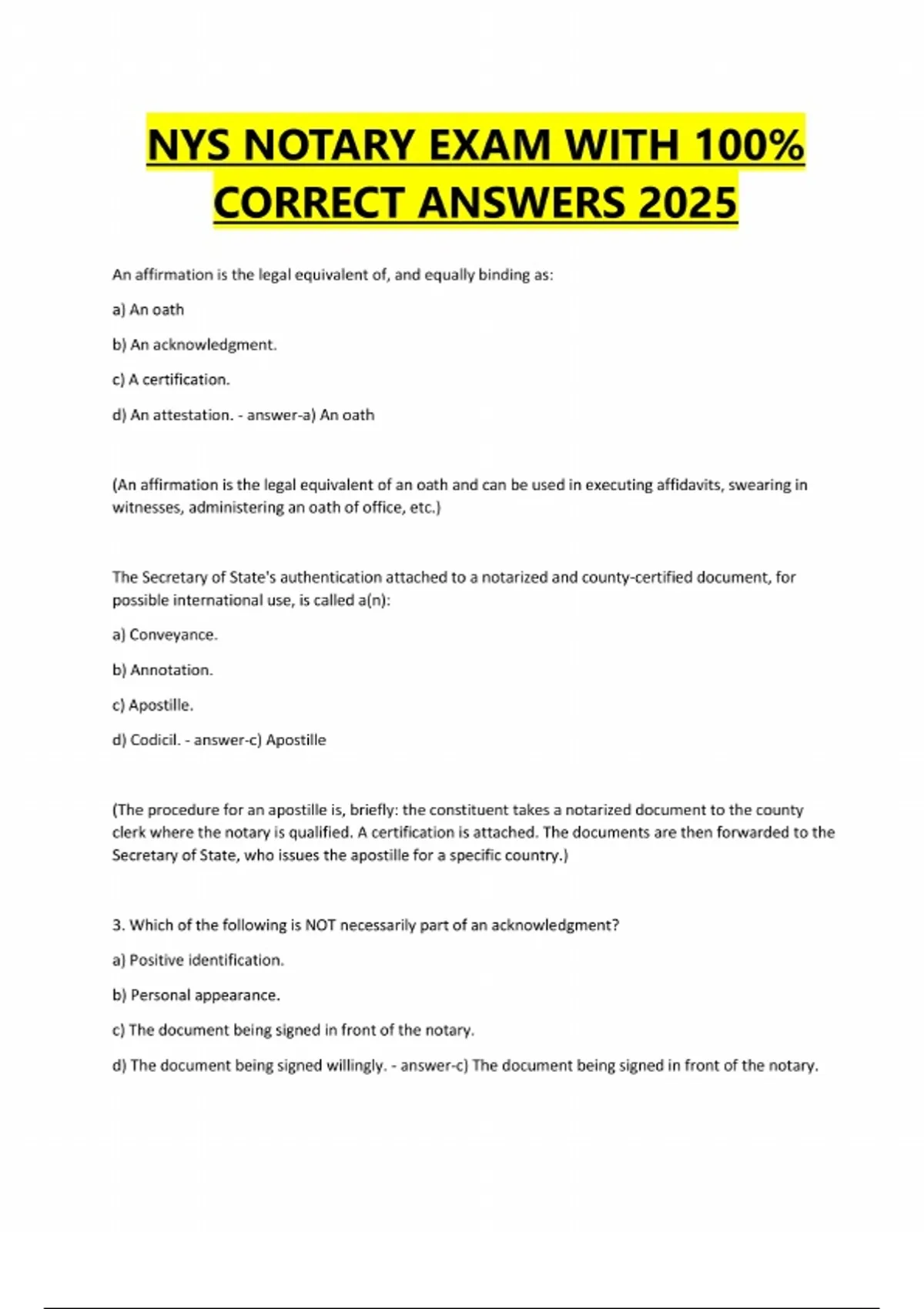 NYS NOTARY EXAM WITH 100% CORRECT ANSWERS 2025 - Nys notary - Stuvia US