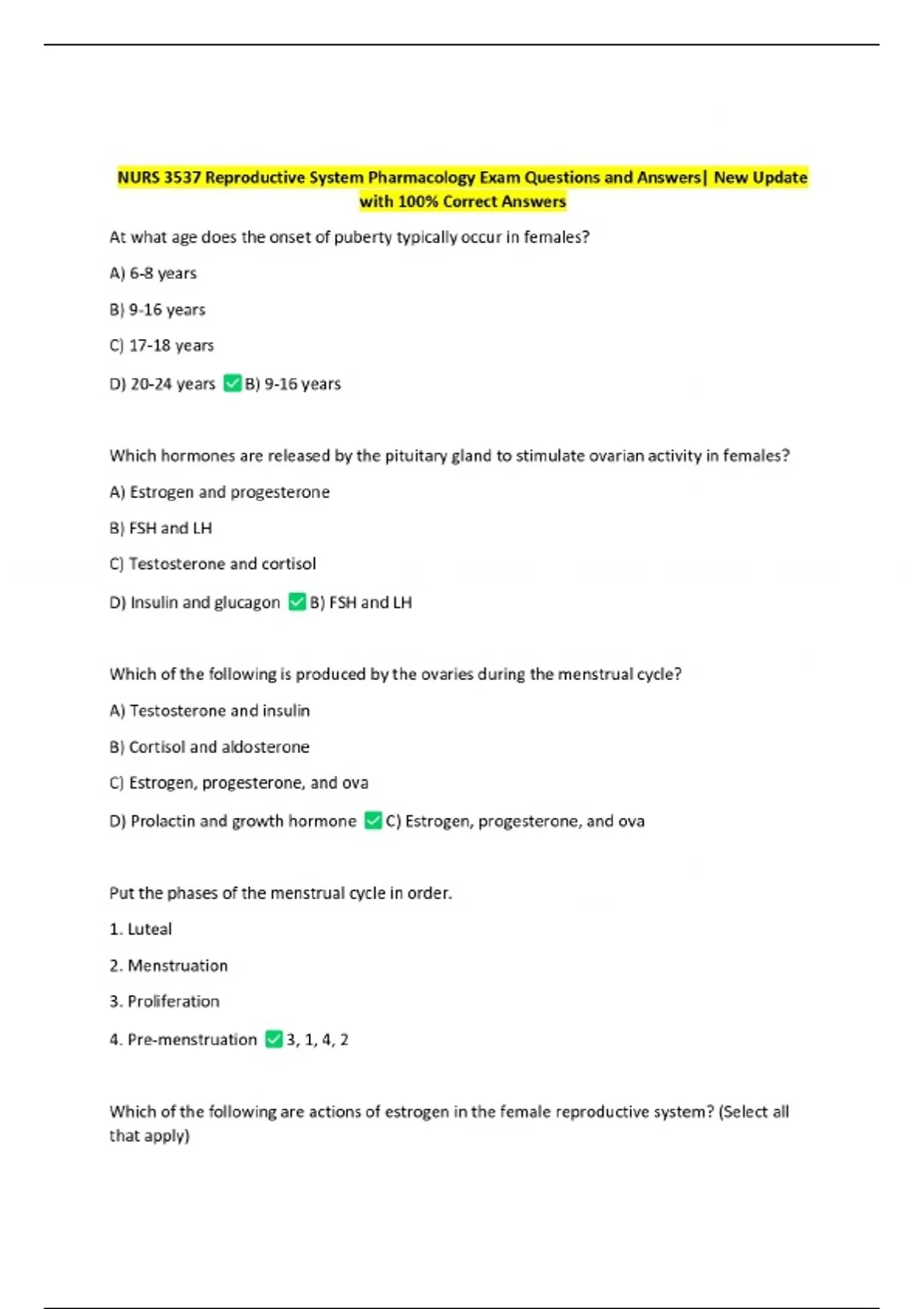 NURS 3537 Reproductive System Pharmacology Exam Questions and Answers ...