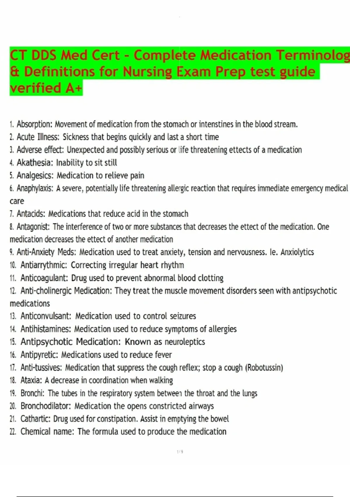 CT DDS Med Cert – Complete Medication Terminology & Definitions for ...