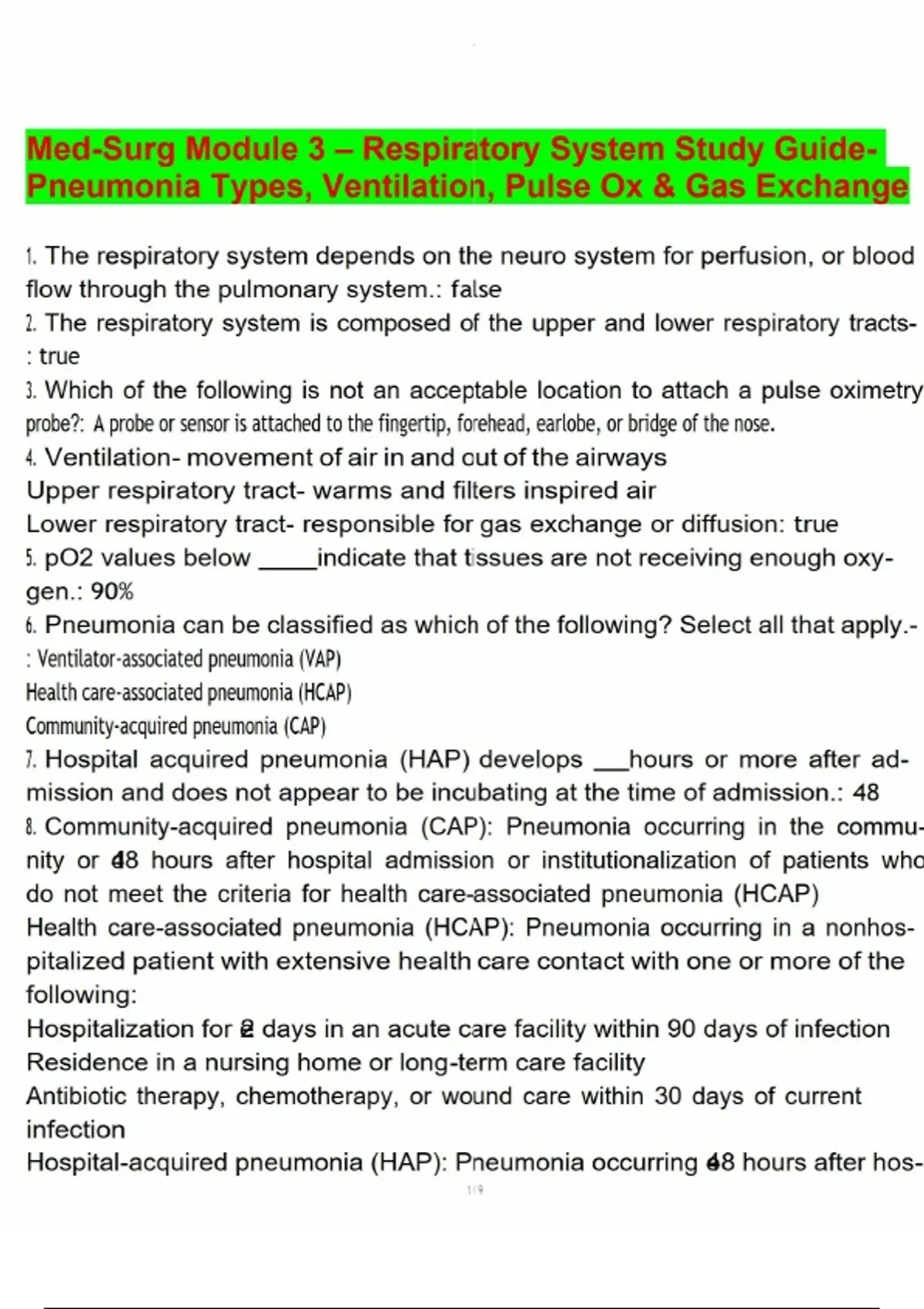 Med-Surg Module 3 – Respiratory System Study Guide- Pneumonia Types ...