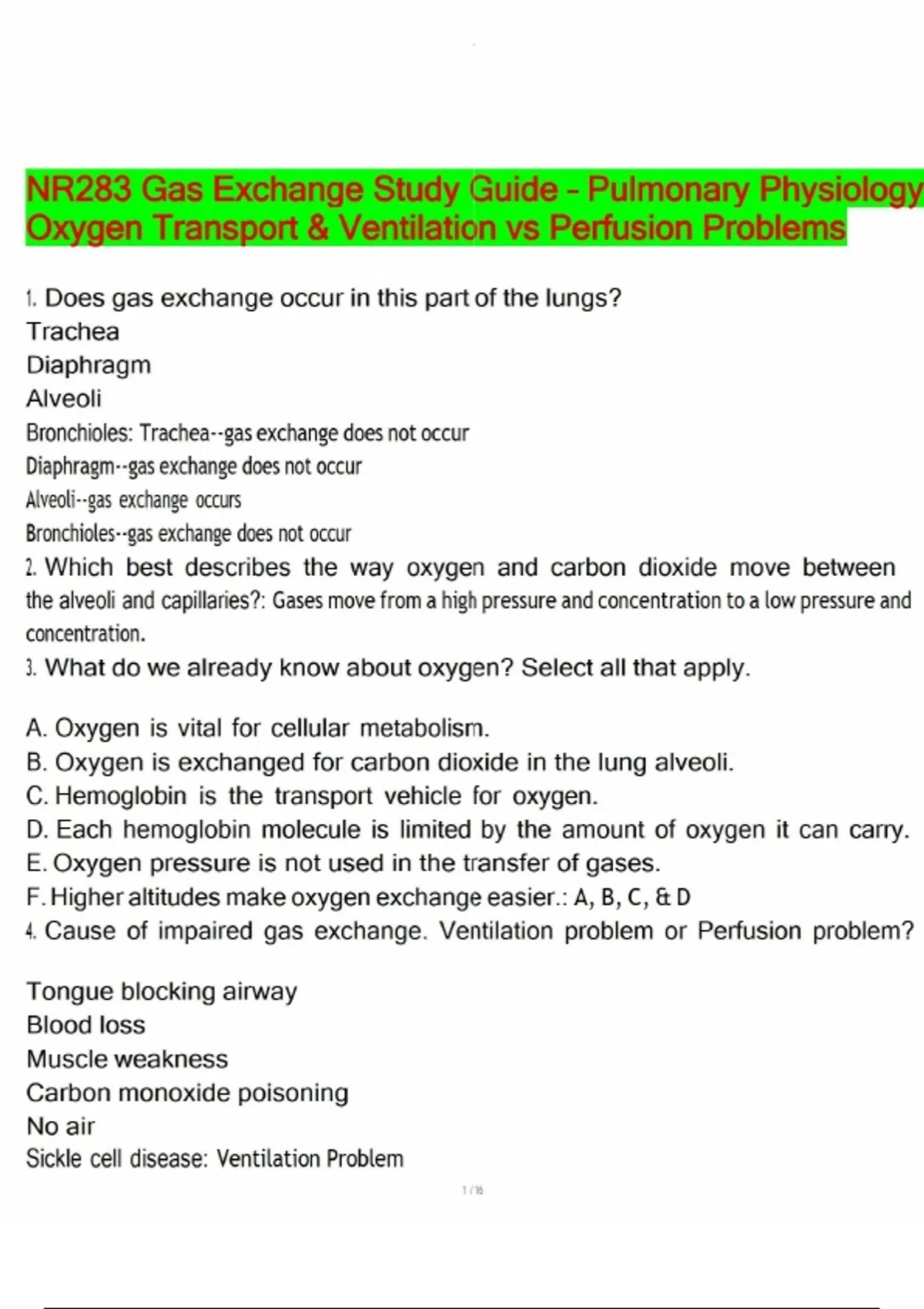 NR283 Gas Exchange Study Guide – Pulmonary Physiology, Oxygen Transport ...