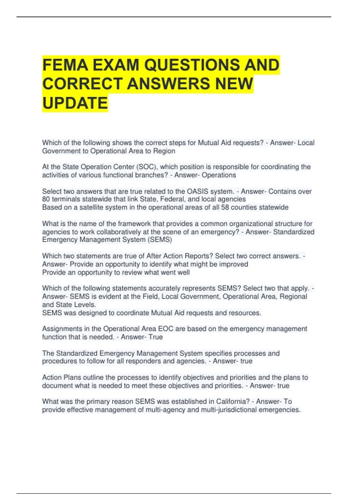 FEMA EXAM QUESTIONS AND CORRECT ANSWERS NEW UPDATE - FEMA - Stuvia US